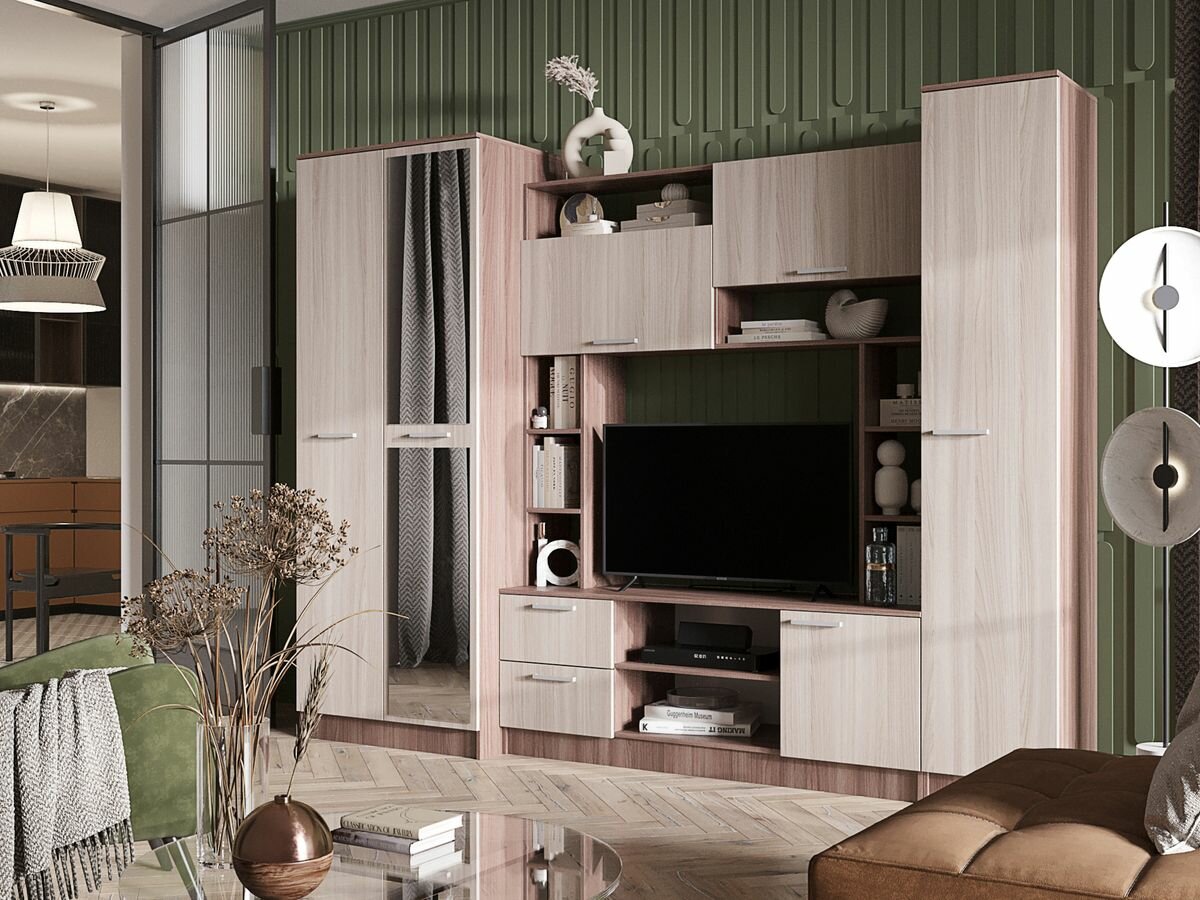 Гостиная с платяным шкафом Флора 2700х2100х560 мм Ясень шимо светлый, Ясень шимо темный