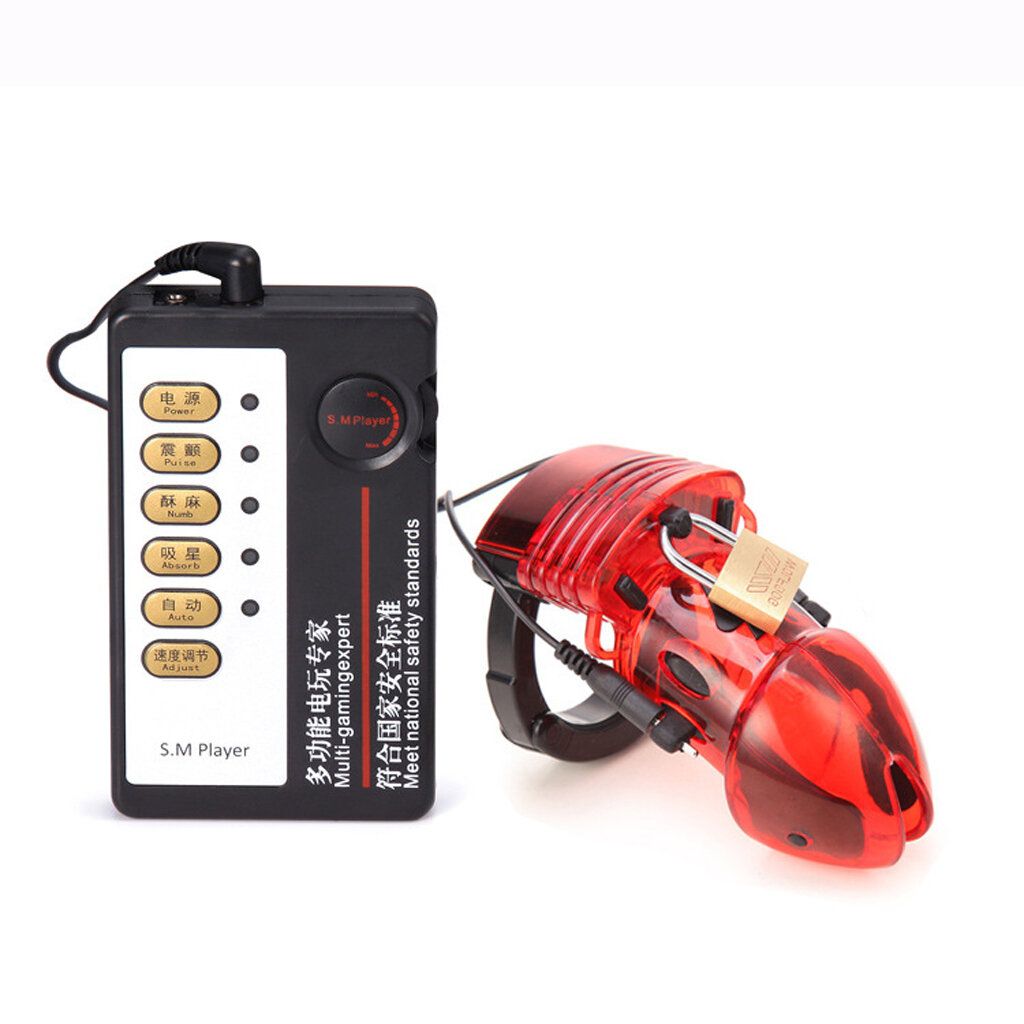 Замок целомудрия с импульсным поражением электрическим током- Красный + черный узел + кабель