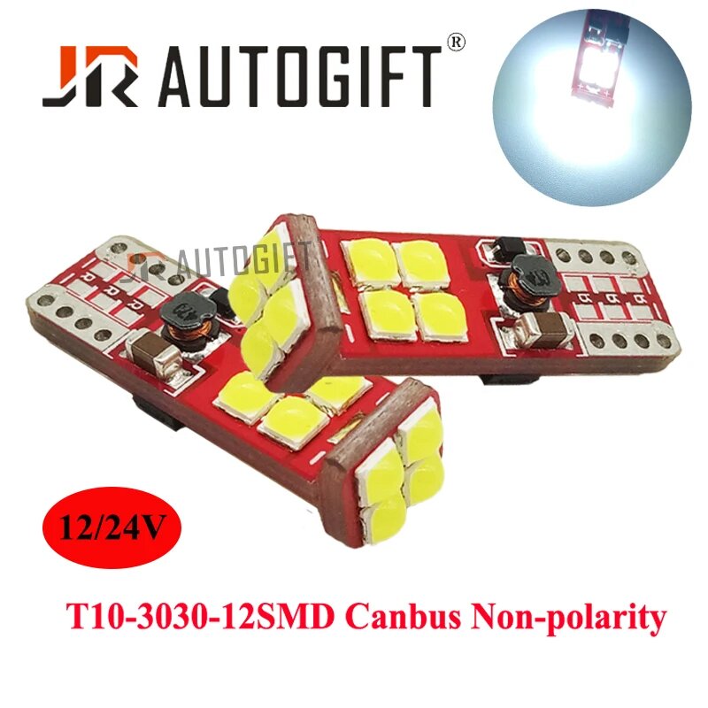 10 шт. светодиодных ламп T10 W5W высокой мощности Canbus 3030 12SMD для салона автомобиля, подсветки салона, поворотников, габаритных огней, белый свет 6000K, 12-24В