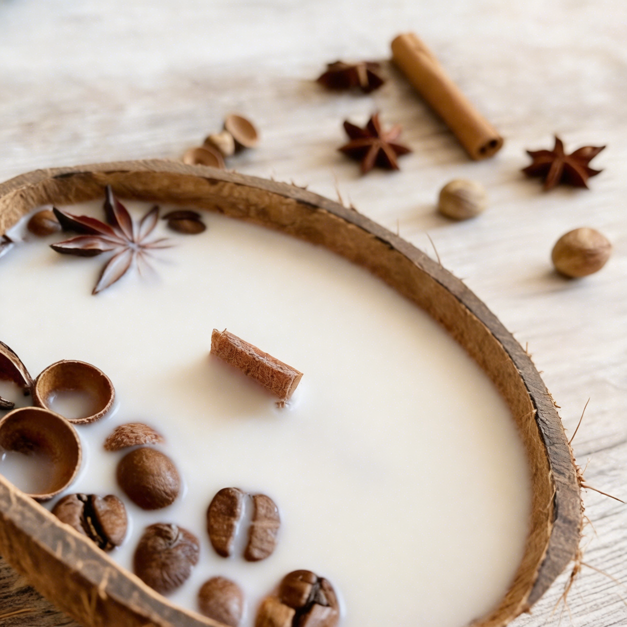 Свеча в кокосе кофейная Коппуччо в подарочной упаковке и поздравительной открыткой