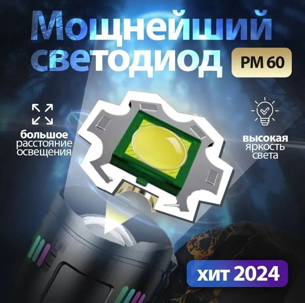 Фонарь-прожектор светодиодный PM60-TG 8000 Лм 5000м IP65 черный матовый с аккумуляторами 18650 — фото 1