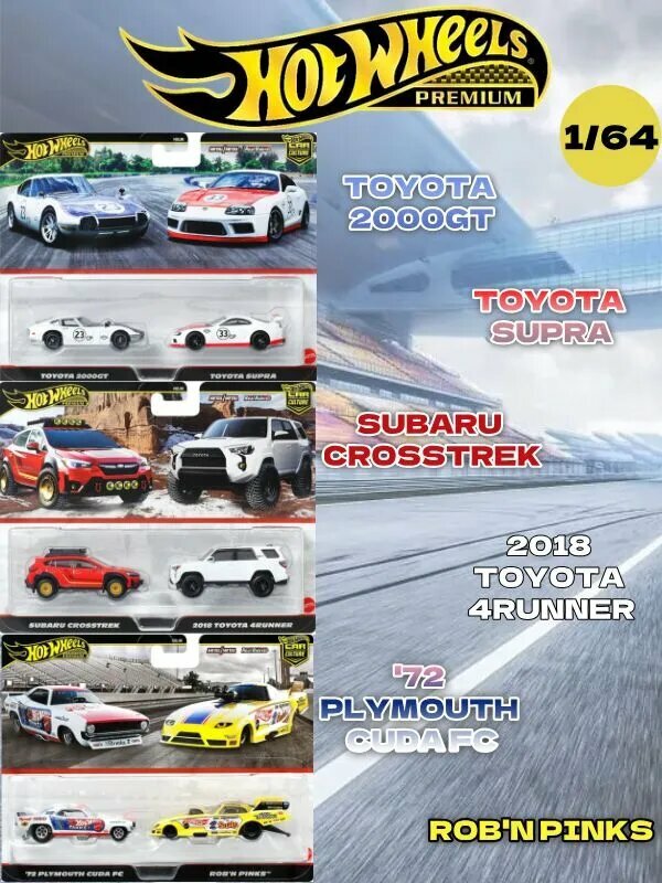 Набор из 6 коллекционных автомобилей Hot Wheels Premium Car Culture: Toyota 2000GT & Supra, Subaru Crosstrek & 4Runner, Plymouth Cuda & Rob'n Pinks, Коллекционные модели