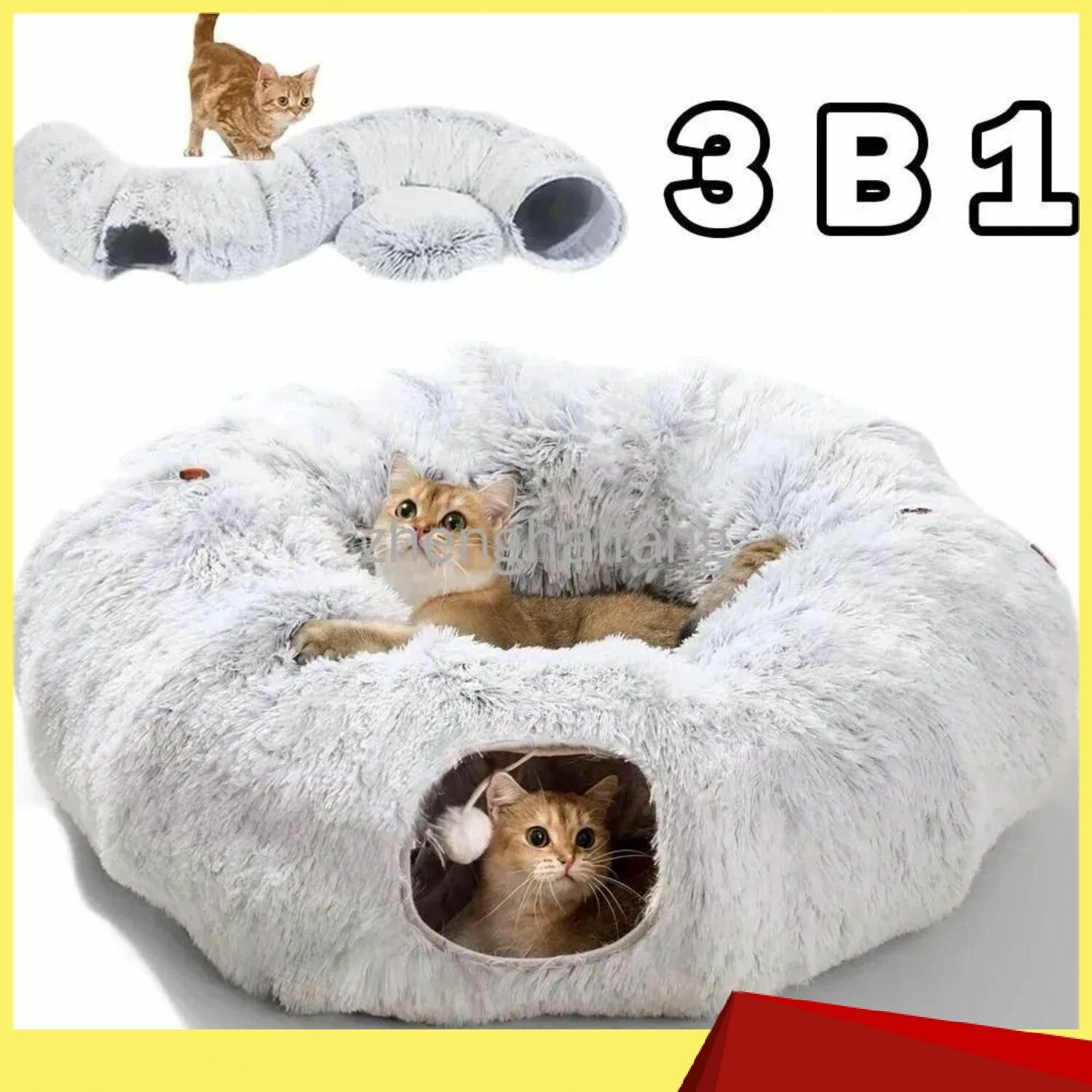 Лежанка для кошек, тоннель для кошек игровой, домик для кошки, 3 в 1, 950 мм x 260mm, серый