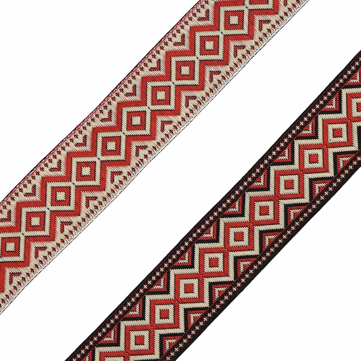 Лента декоративная жаккардовая, 32 мм × 25 м, цвет черный/красный/белый