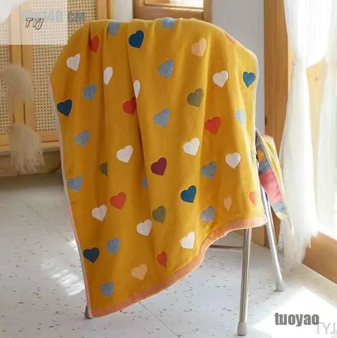 Полотенце банное, Хлопок, 70x140 см, белое, горчичное, с рисунком сердечки, 1 шт.