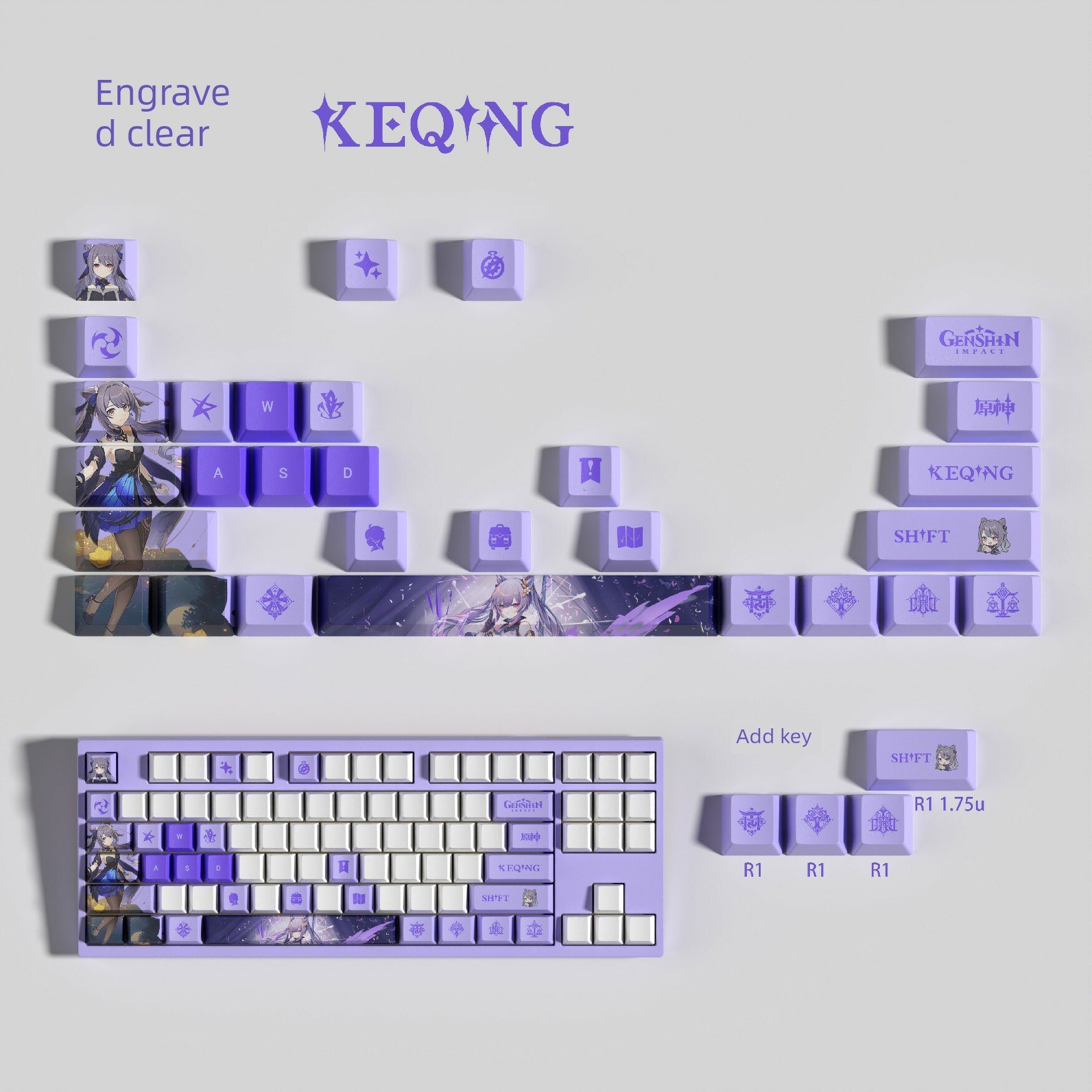Комплект клавиатурных накладок Genshin Impact Keqing 29-ключевые из PBT - Совместимы с механической клавиатурой и