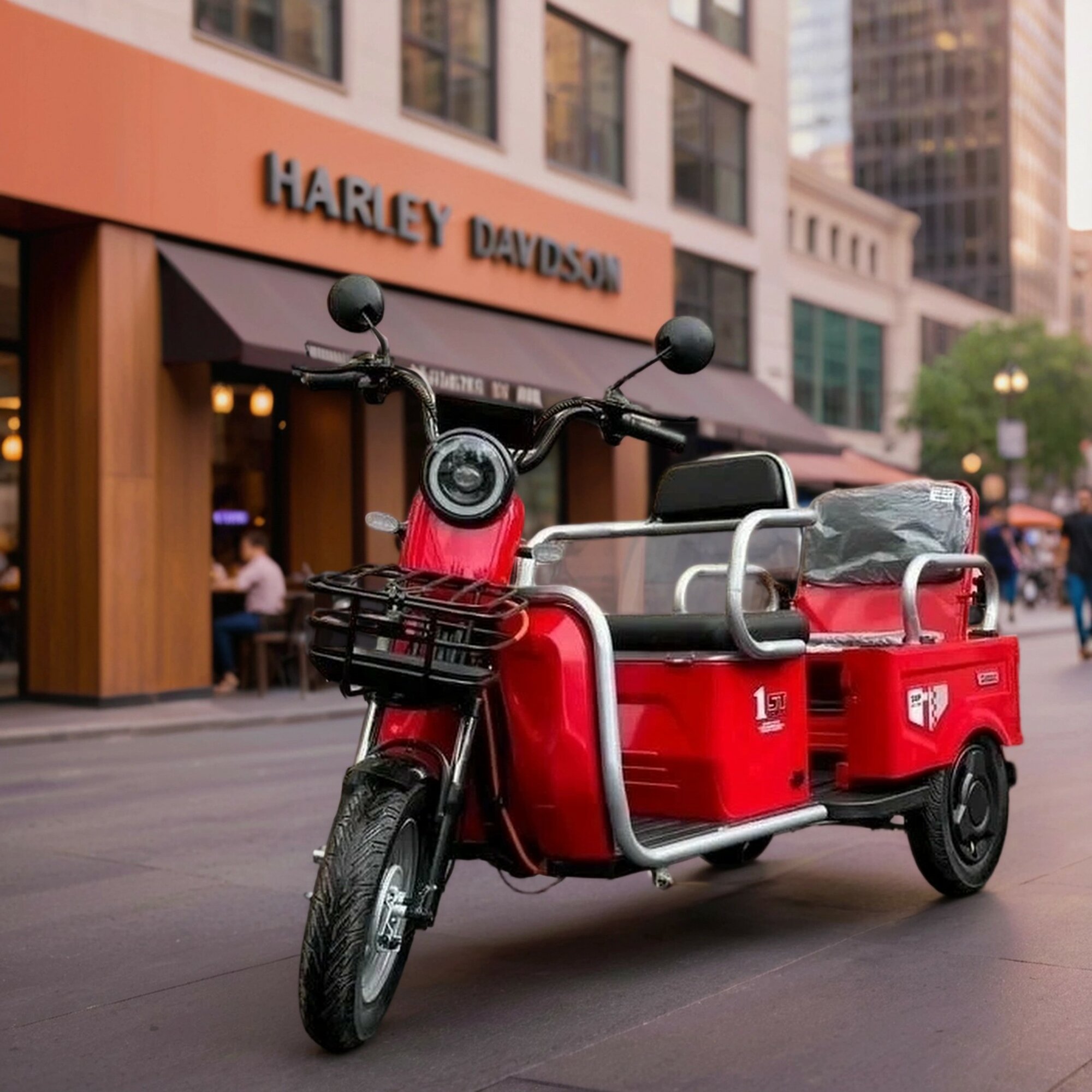 Трехколесный электроскутер грузопассажирский (трицикл) 3-ех местный Lenok (1200w Li-ion 60v 25Ah) красный