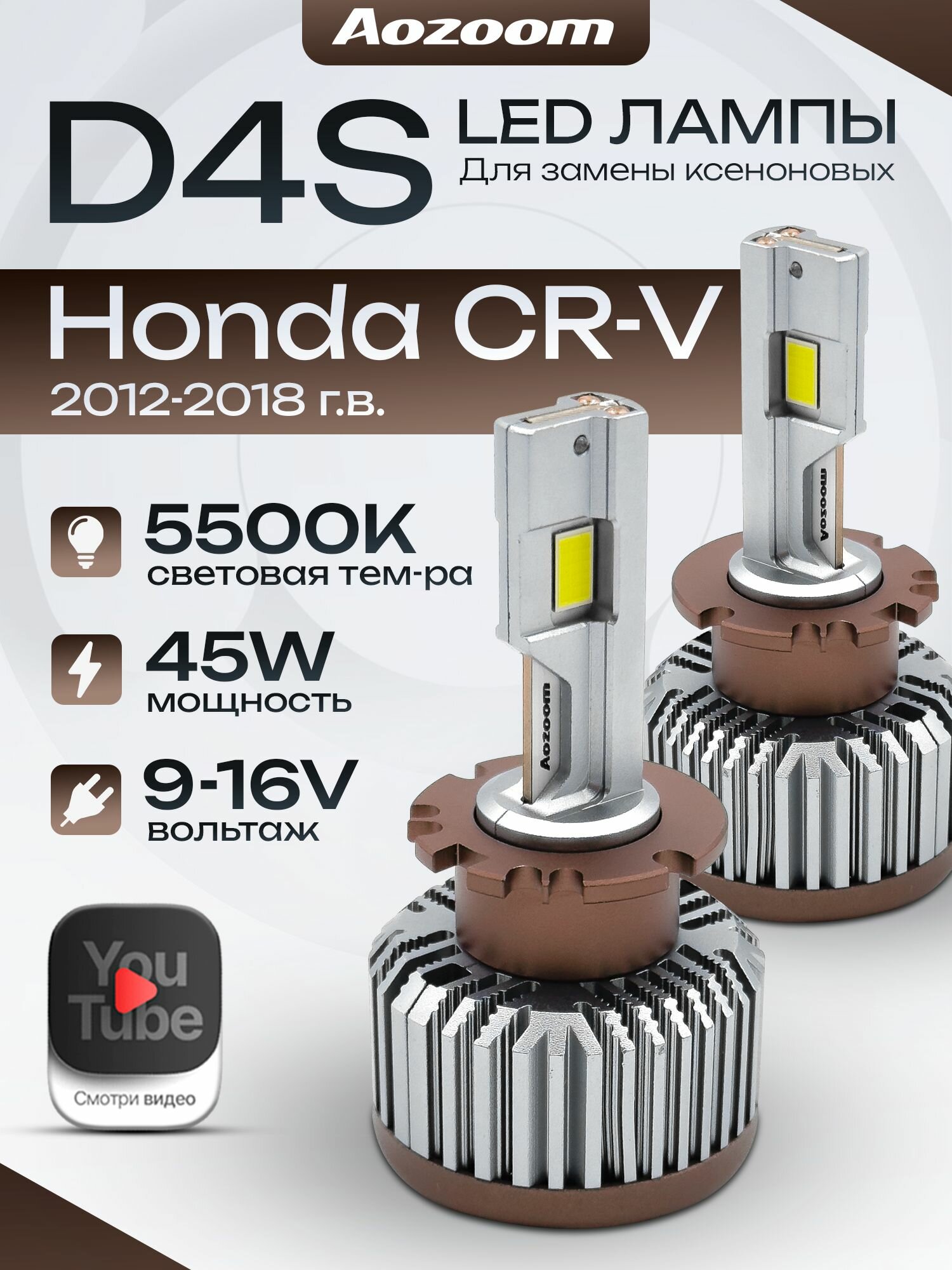 Лампы светодиодные Aozoom D4S на Honda CR-V 2012-2018 / Лед лампы Аозум Д4С для Хонда СР-В 4