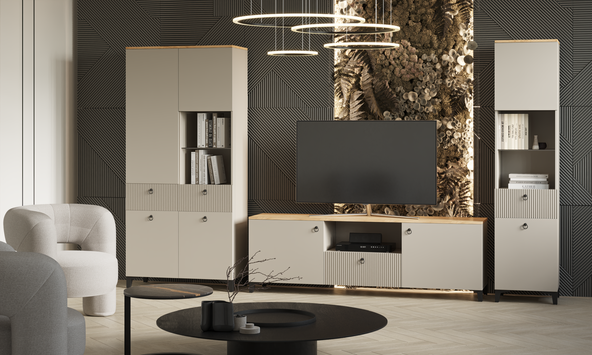 Гостиная Ника ЛДСП дуб делано/кашемир / МДФ бежевый МАТ-05