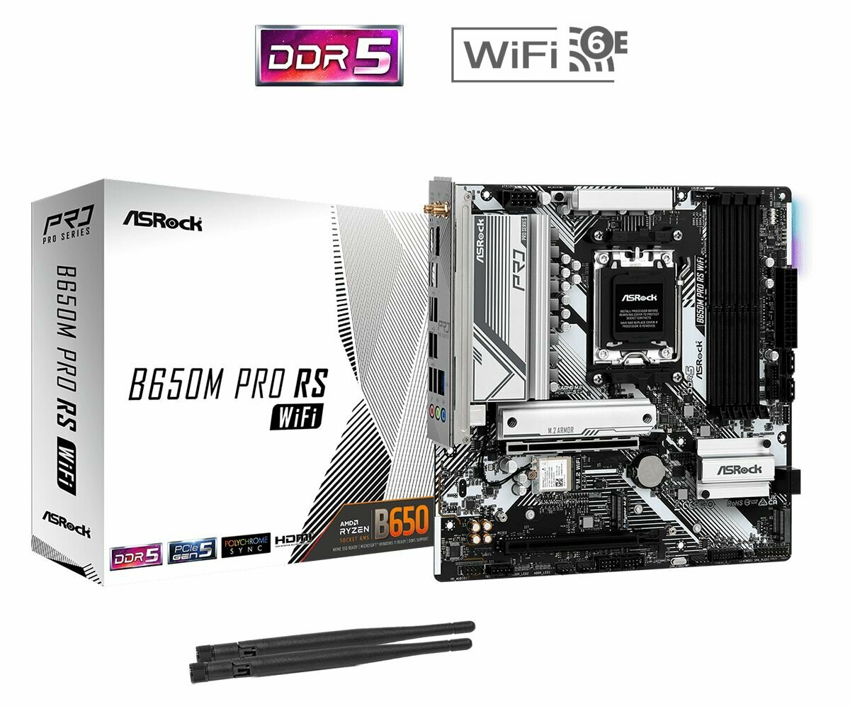 Материнская плата AsRock B650M Pro RS WiFi белая AM5 4xUSB mATX
