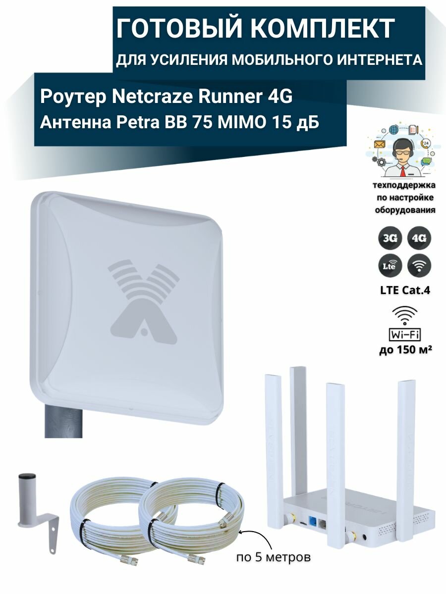Усилитель интернета 4g комплект роутер Netcraze Runner 4G с уличной антенной Petra BB MIMO 3G/4G