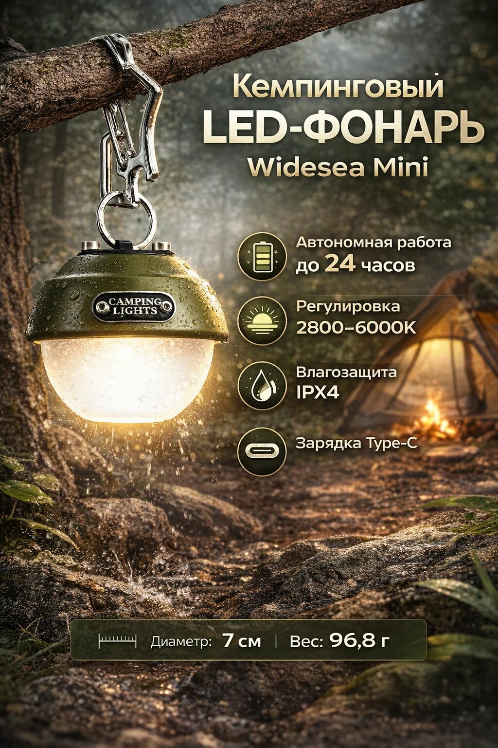Кемпинговый LED фонарь Widesea Mini, аккумуляторный, зелёный, Type-C, влагозащита IPX4