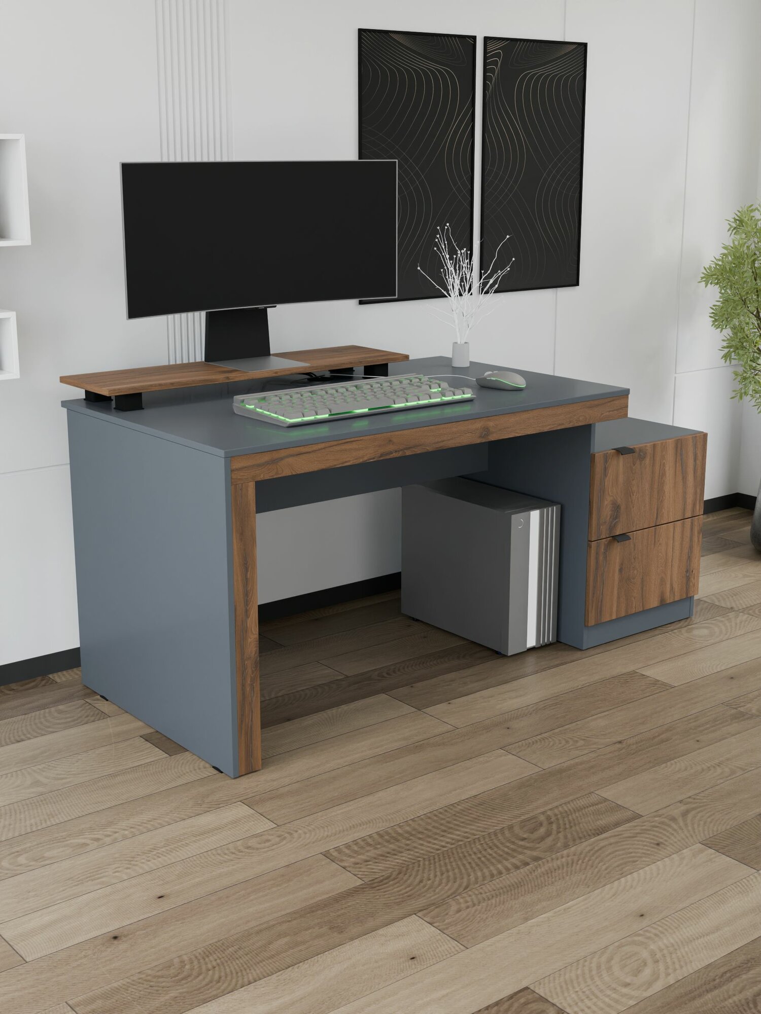 Изумлит Стол компьютерный для офиса и дома Вертикаль Компакт Лайт 165х73х74.5 см, тумба справа, графит - дуб крафт табачный