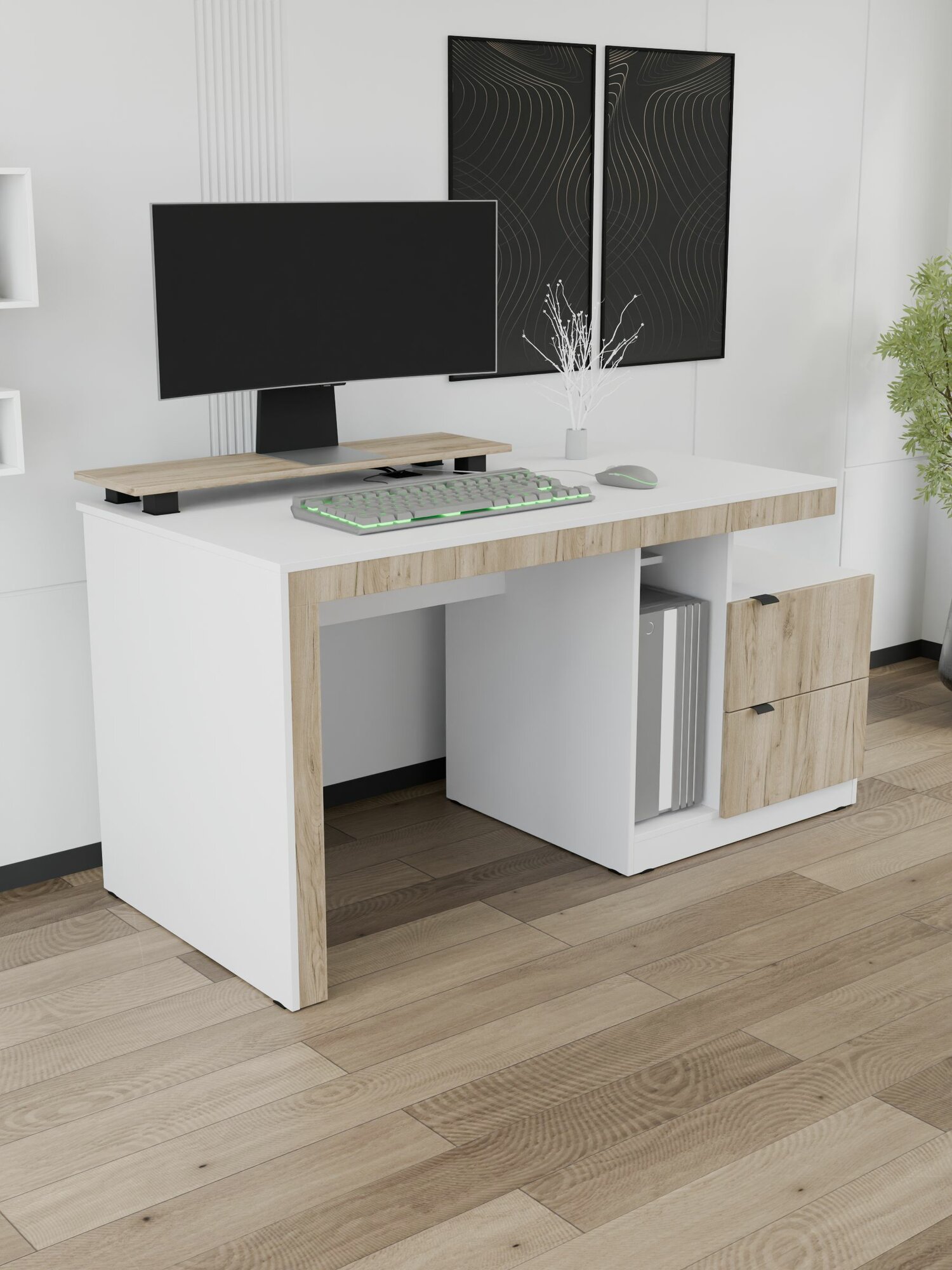 Изумлит Стол компьютерный для офиса и дома Вертикаль Лайт 162х80х74.5 см, тумба справа, белый - дуб крафт серый