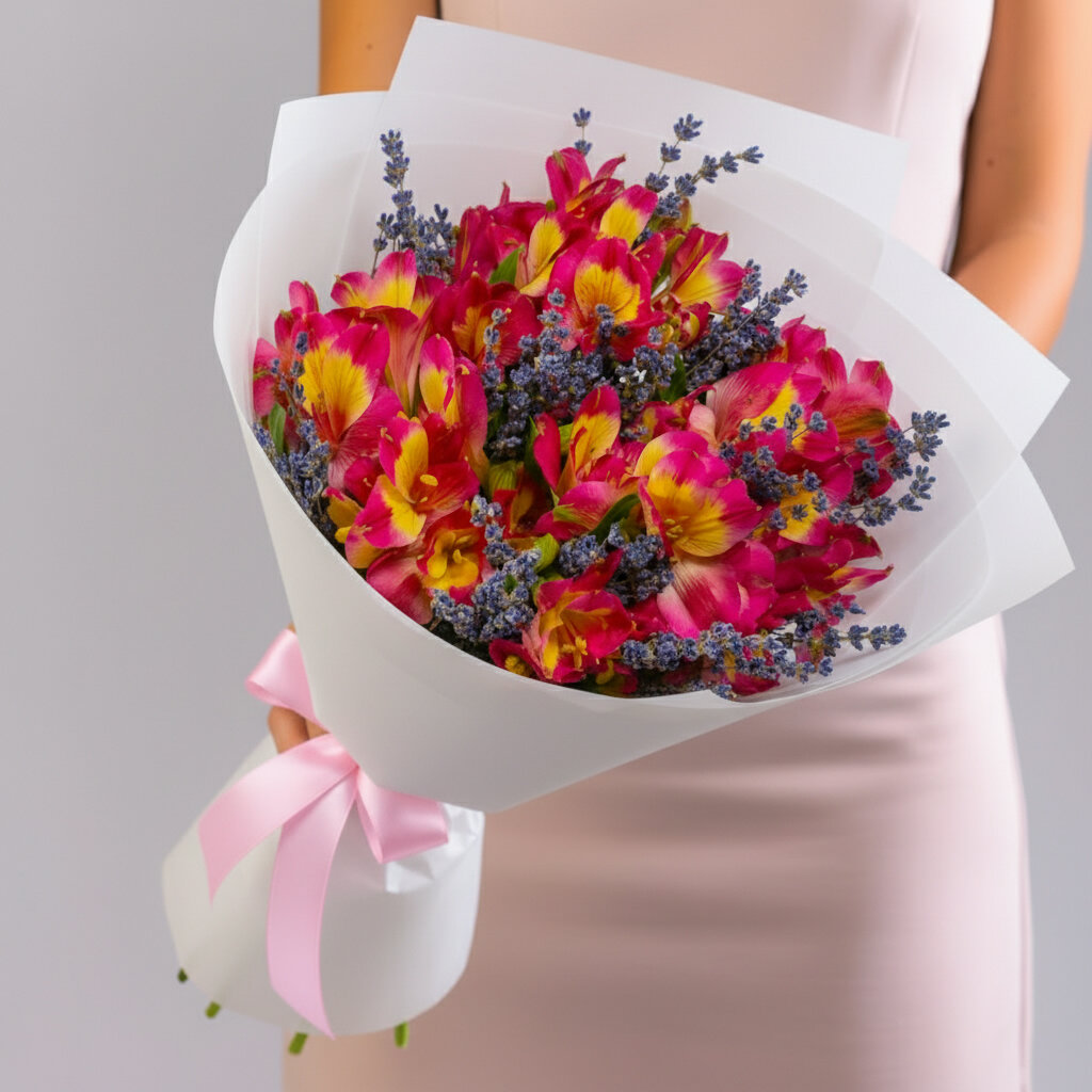Дуо-букет Мегацвет24 "Альстромерия и лаванда", розовый/сиреневый, дизайнерская упаковка