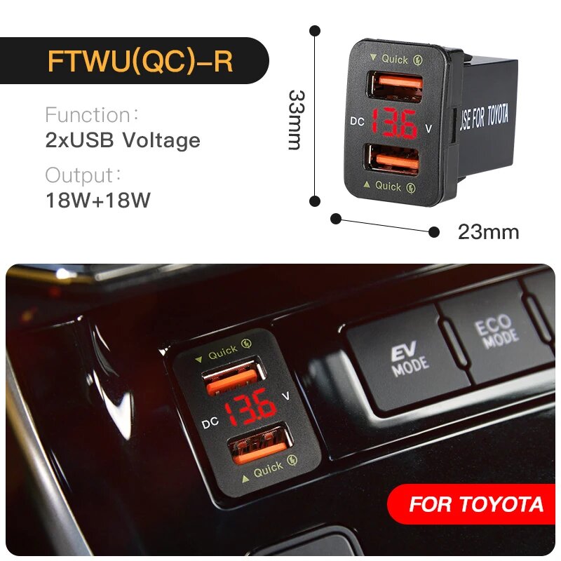 Автомобильное зарядное устройство 2xUSB 18W+18W, 33x23 для Toyota-R