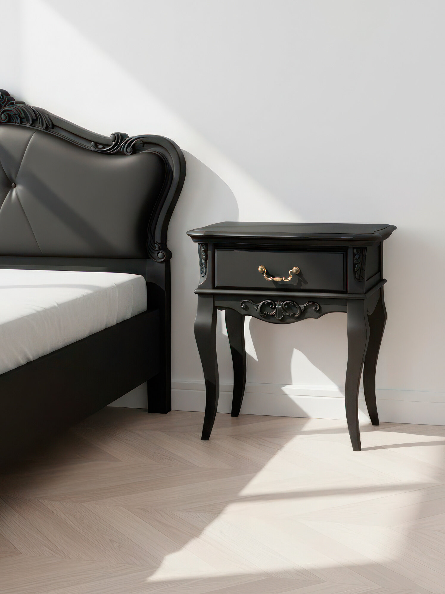 Тумба прикроватная Ля Нэж "Blak Wood", стиль Прованс, чёрный, деревянный, 1 ящик, матовая, с доводчиком