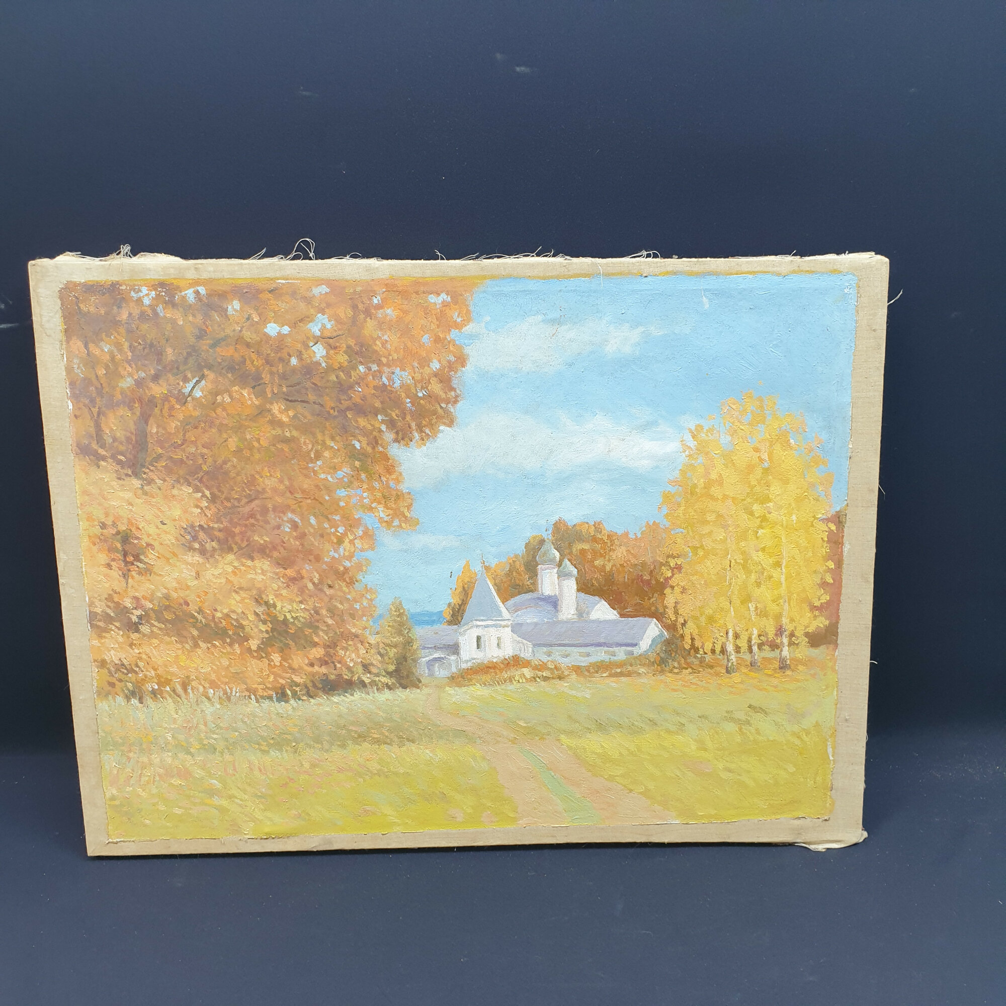 Винтажная картина Церковь у реки, холст, масло, 52х72 см, без рамы. СССР