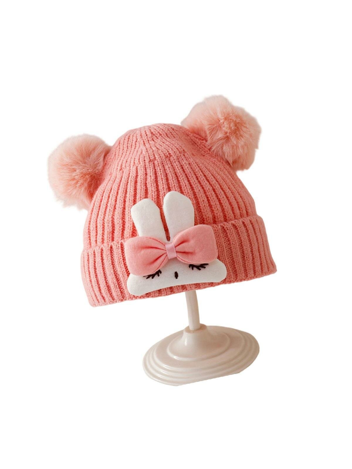 Детская шапочка-бини с помпоном и кроликом, Розовый