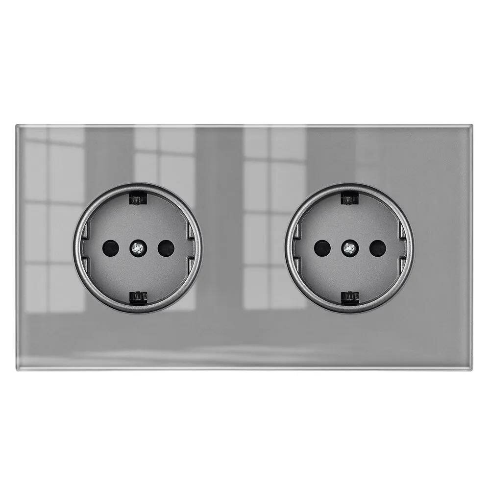 Двухшлюзовый розетка с стеклянной панелью 82 тип евро стандарт встраиваемая в стене для установки в европейскую круглую коробку 153 toughened glass panel socket серый I881 250V 16A 50Hz-60Hz IP20 ABS латунь металл без винтовый зажим для проводов