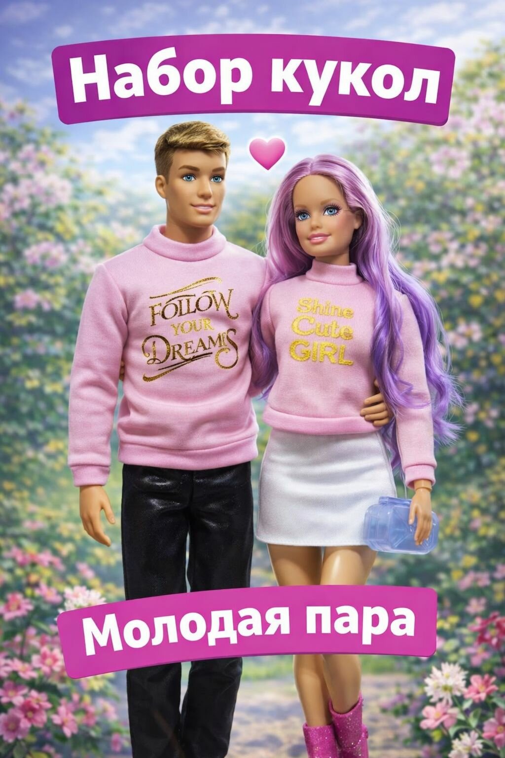 Набор кукол "Молодая пара", парень и девушка в парном луке (розовые свитеры)