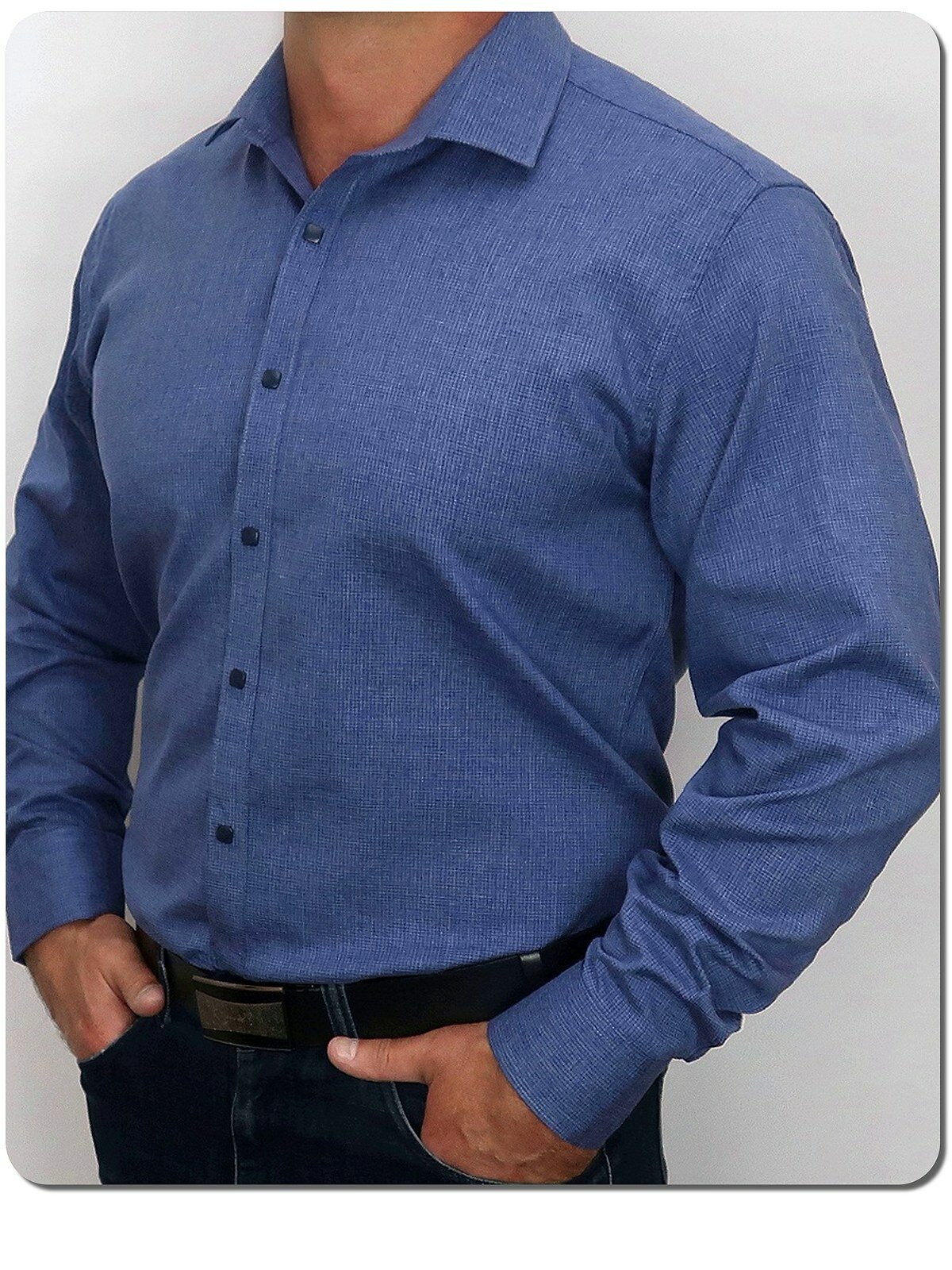 Рубашка Мужская рубашка с длинным рукавом приталенная, темная сорочка на кнопках, рубаха на любой сезон, синяя мелкая клетка, без карманов, на любой сезон и на лето рубашка Slim fit с приталенным кроем заужен