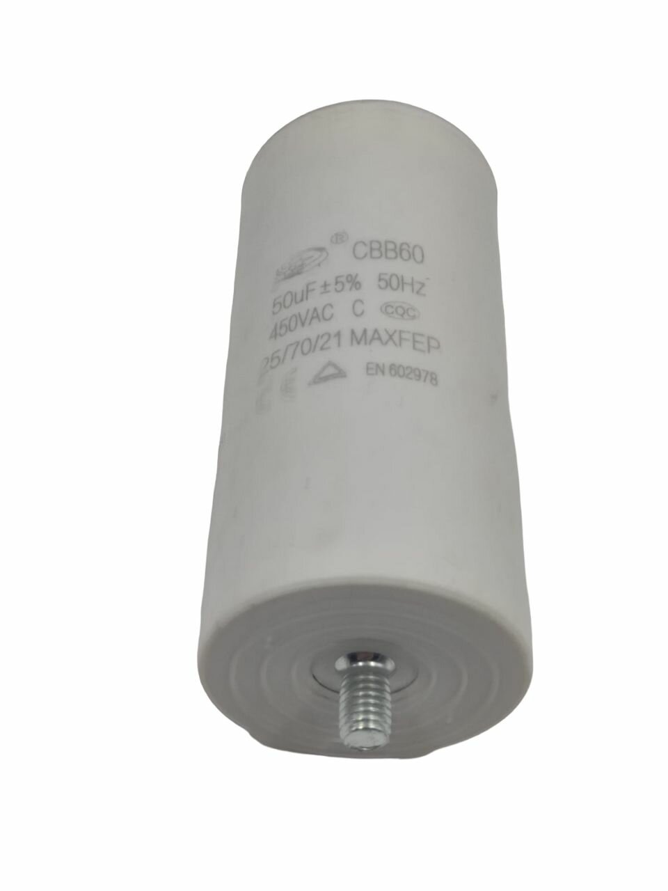 CBB60 50мкФ-450В клеммы+болт, пусковой конденсатор (108х50мм)