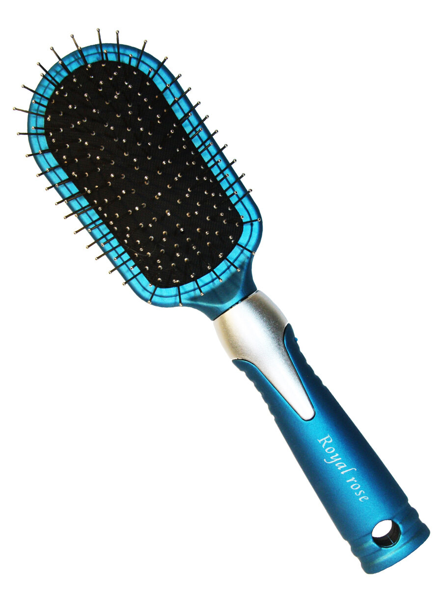 Расческа массажная, длина 245 мм, с металлическими зубцами голубая