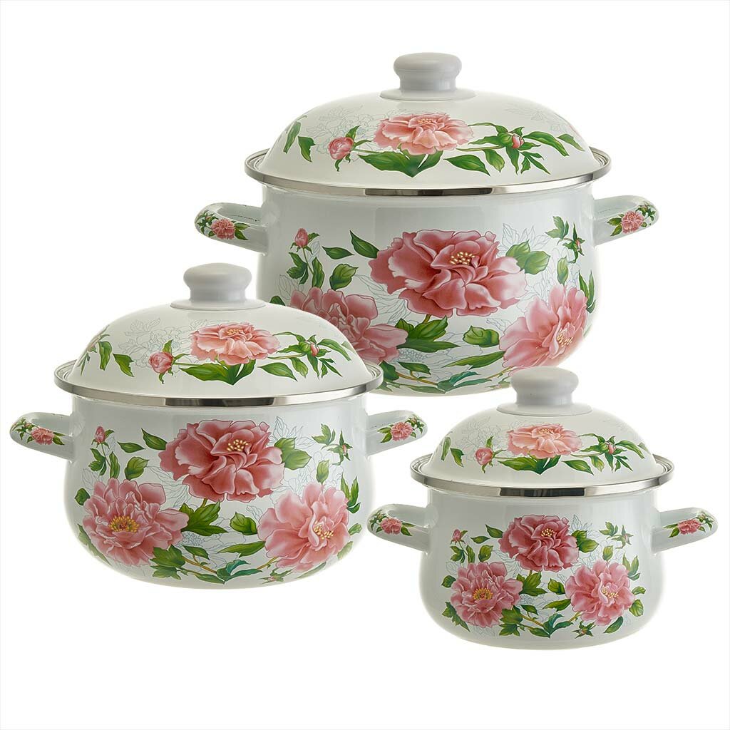 Набор кастрюль эмалированных 1,5 л, 2,8 л, 3,6 л, с эмалированными крышками, 6 предметов MetaLLoni EM-1640 "Пионы"