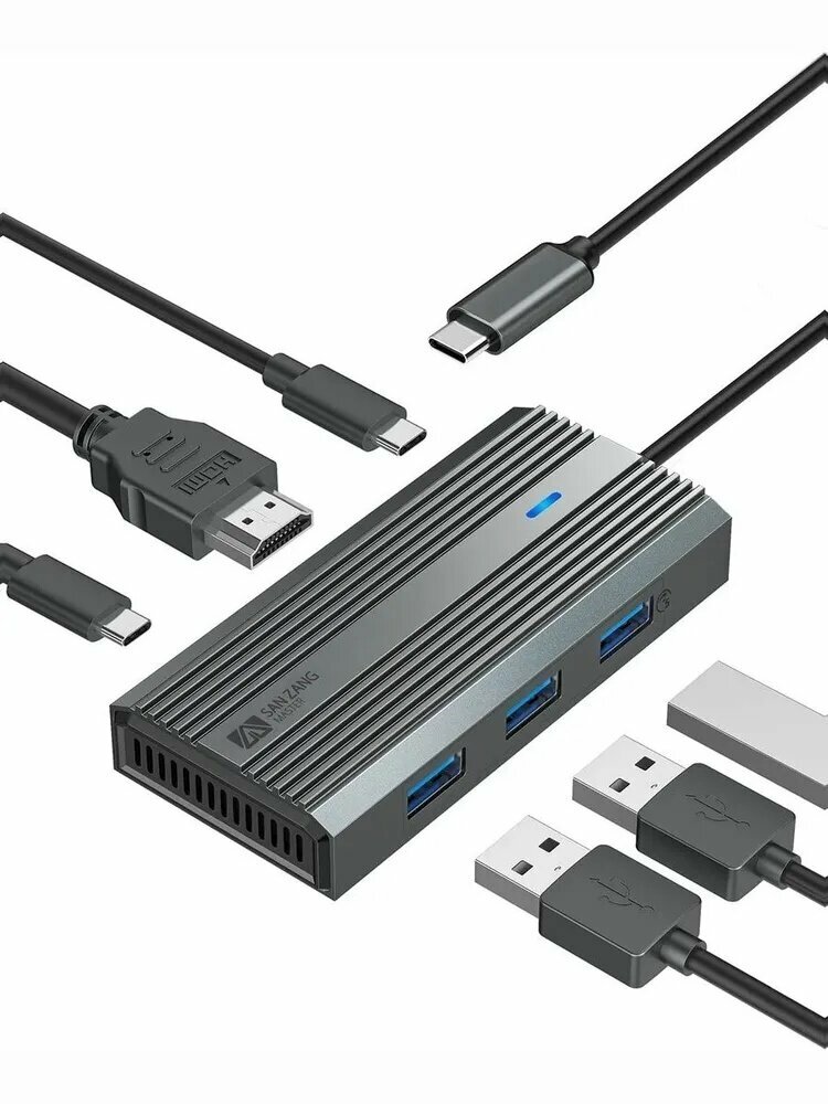 6-в-1 Док-станция SANZANG USB-C Hub с питанием 100W, 4K HDMI, USB 3.0, разъемом PD