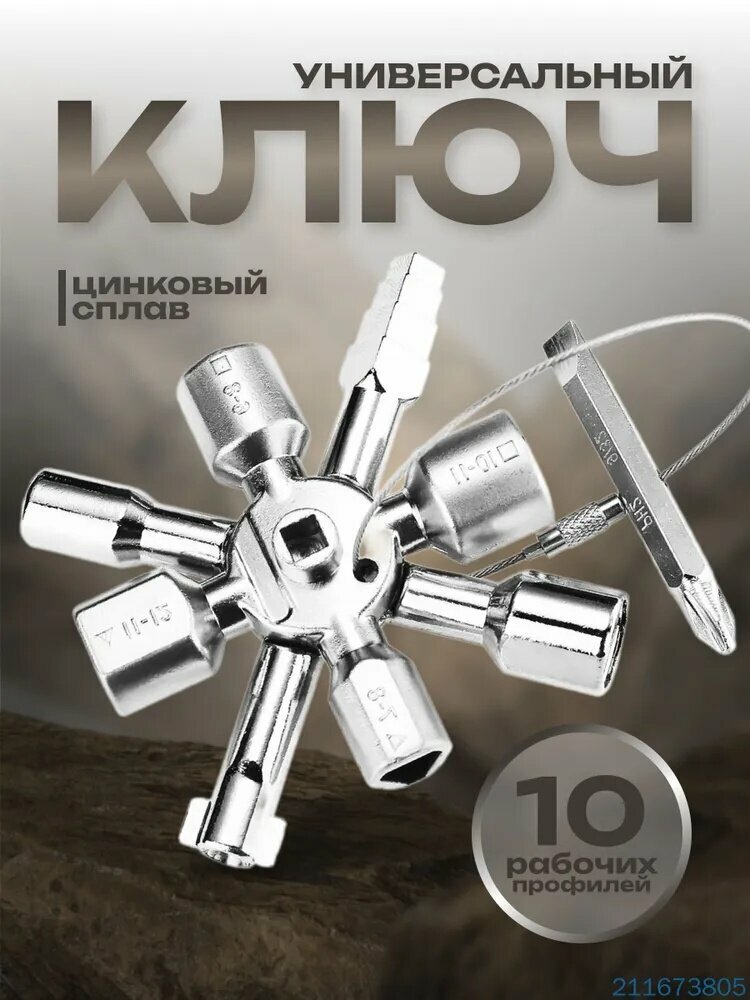 Ключ для электрошкафов 10в1 универсальный с 10 рабочими профилями и битой