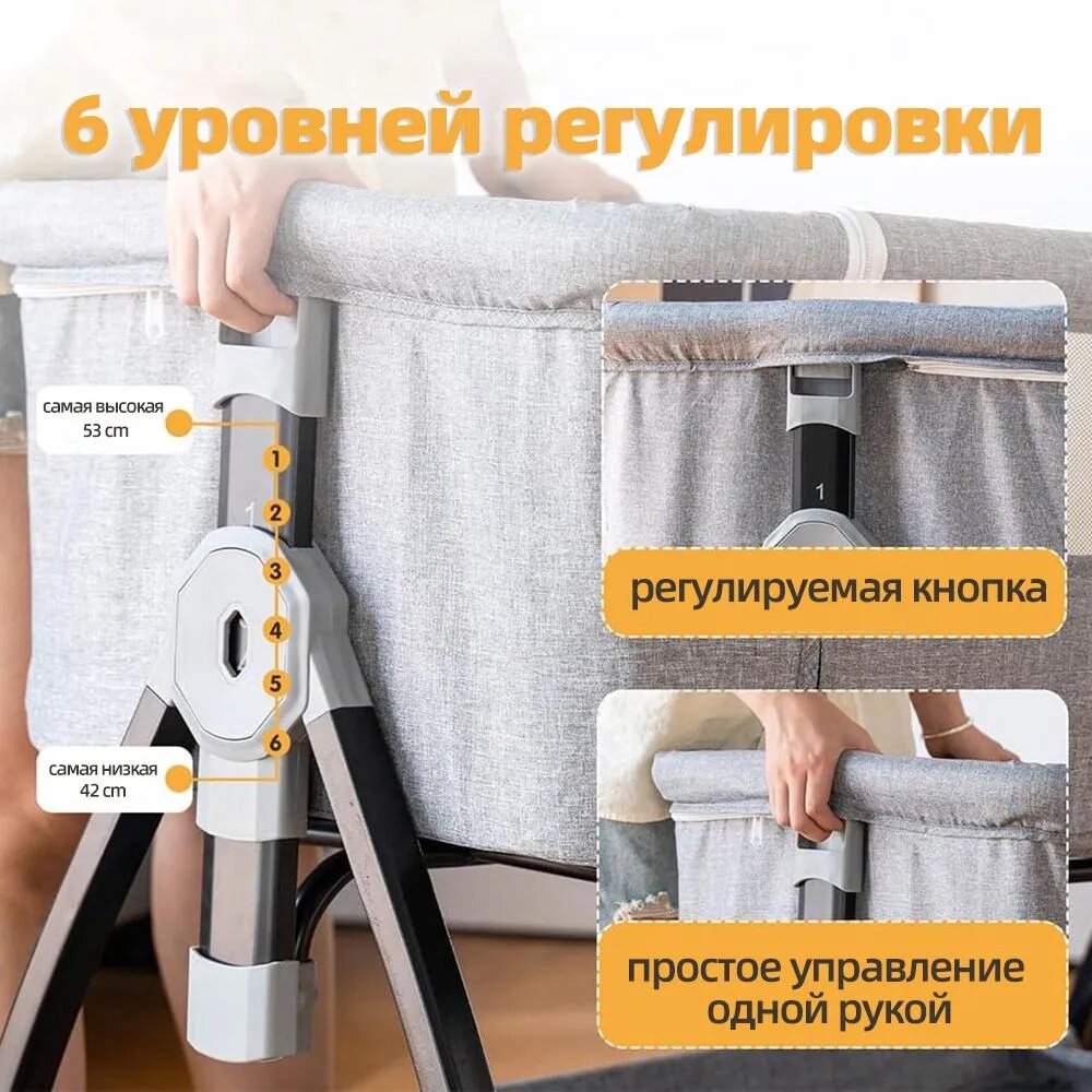 Колыбель для новорожденных серая 50х93х53см с матрасом и балдахином, приставная кровать — фото 1