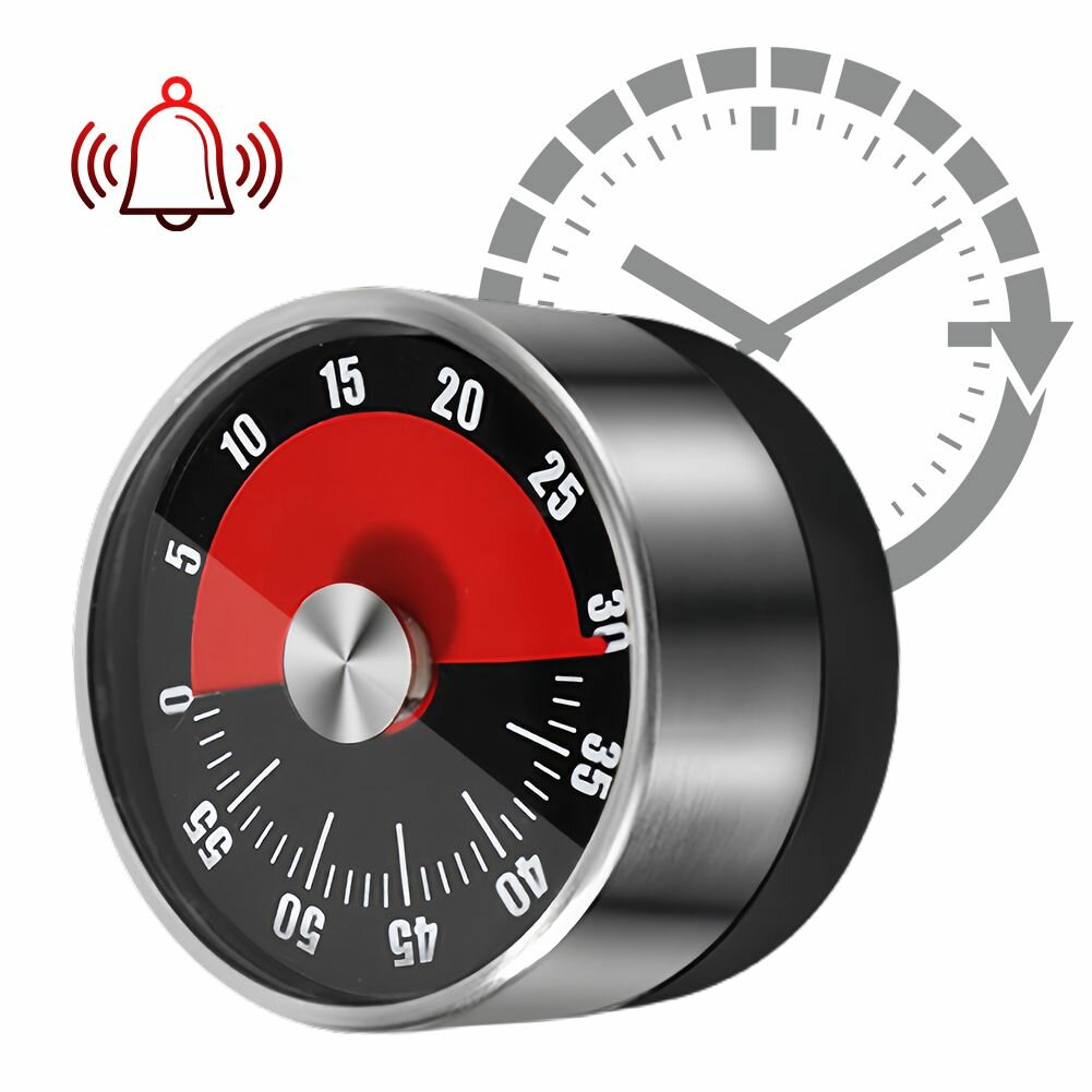 Механический кухонный таймер с магнитом и стальным корпусом, чёрный циферблат