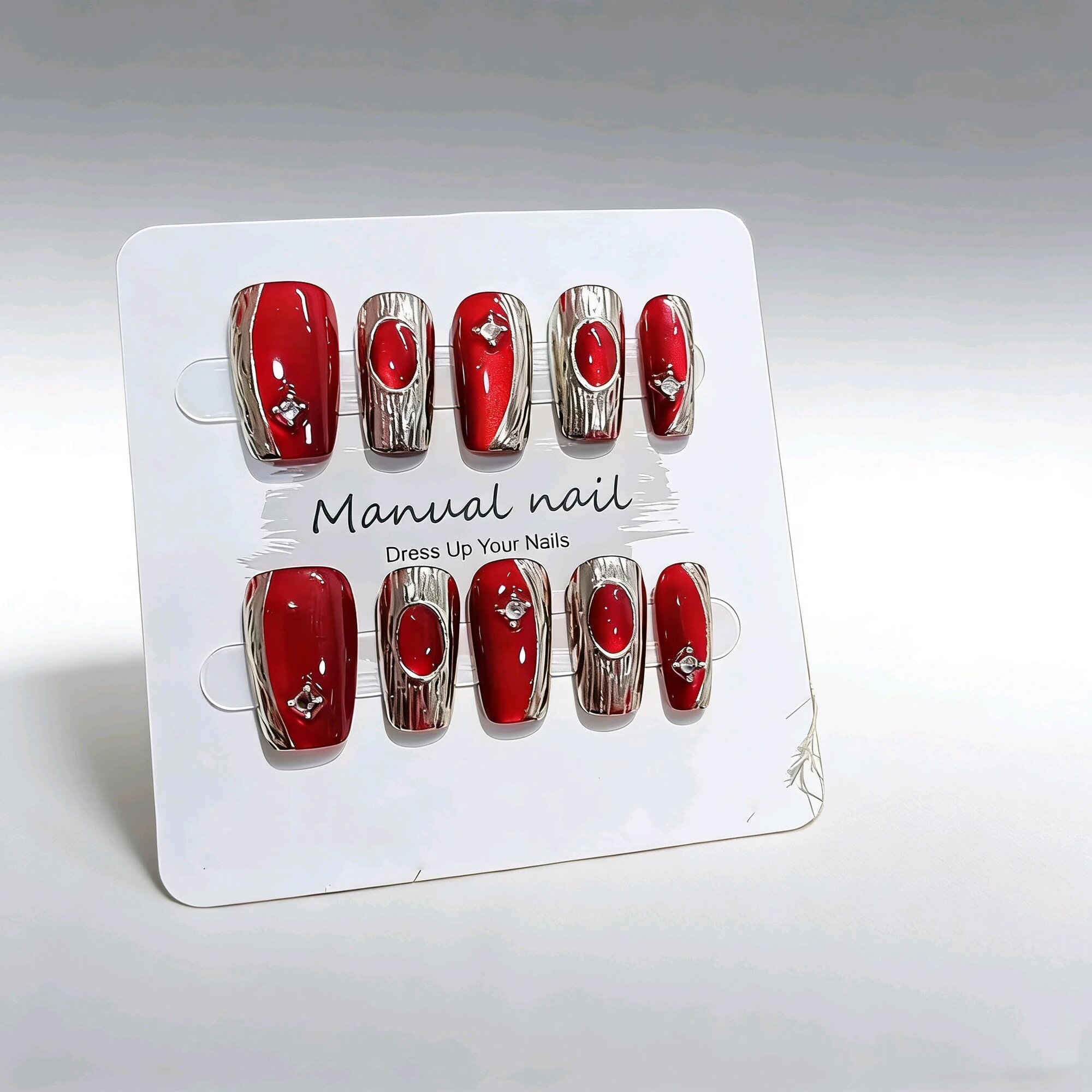 Многоразовые серебрястые красные квадратные накладные ногти с эффектом кошачьего глаза M