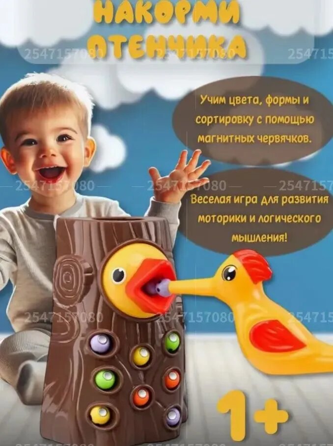 Сортер, магнитная рыбалка для малыша, Развивающие игрушки , Дятел ловит насекомых,1 птица, 8 насекомых