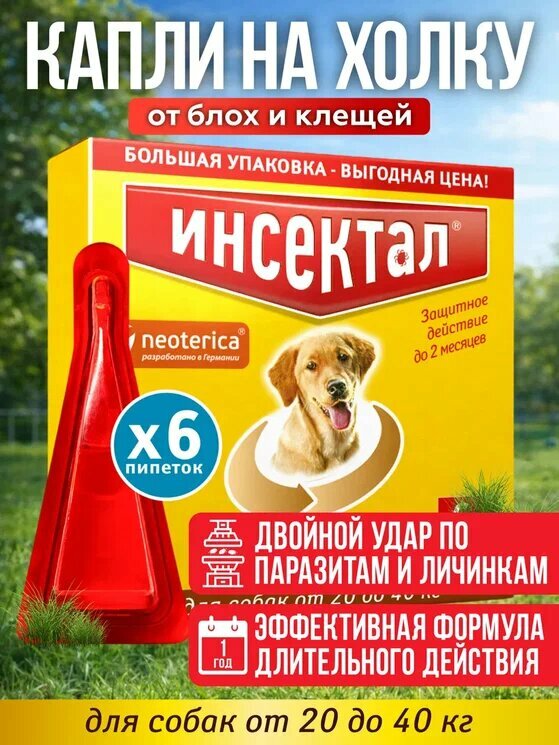 Капли Инсектал для собак 20-40 кг от блох и клещей упаковка, 6 пипеток