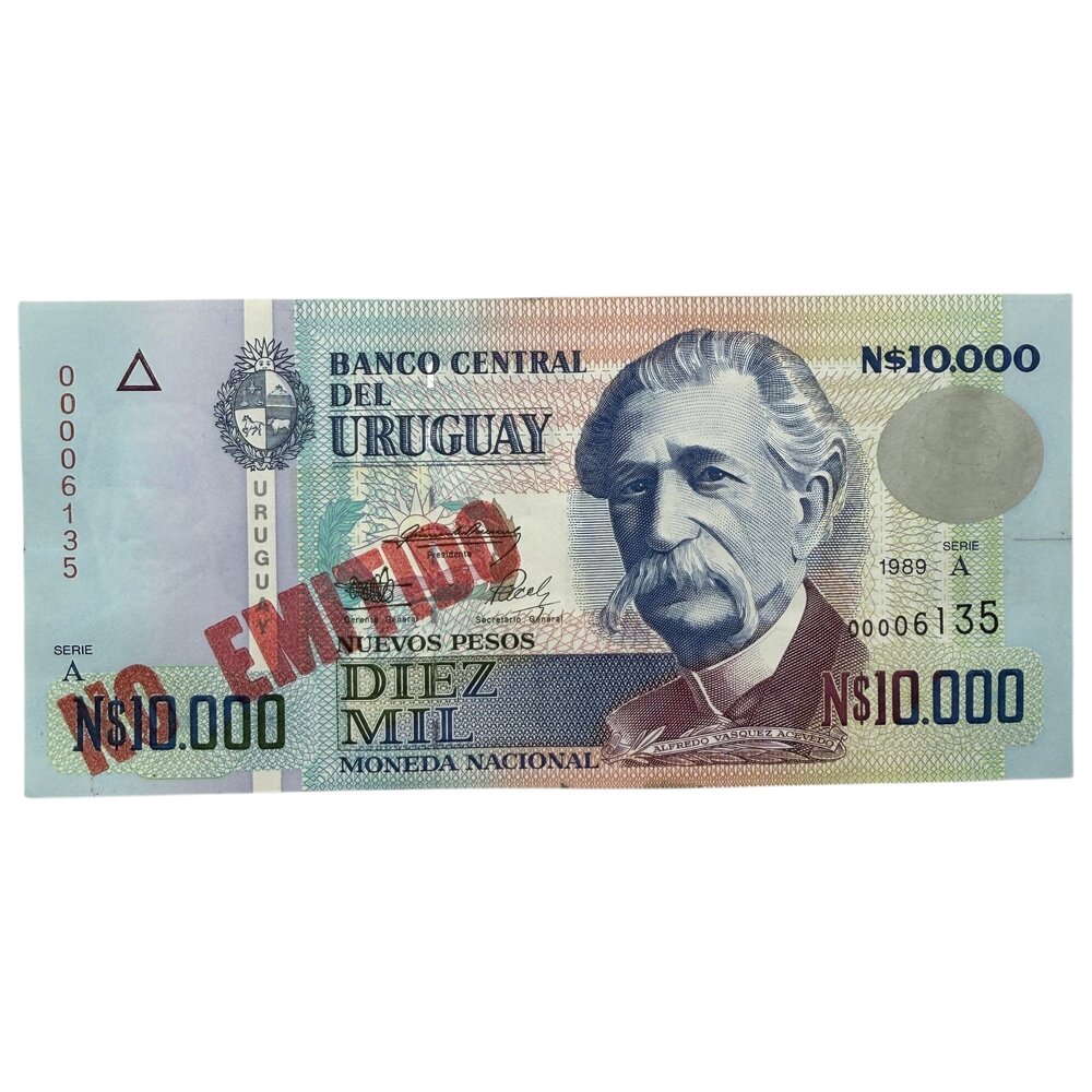 Уругвай 10000 песо 1989 г. (Красная надпись No Emitido) (Серия A)