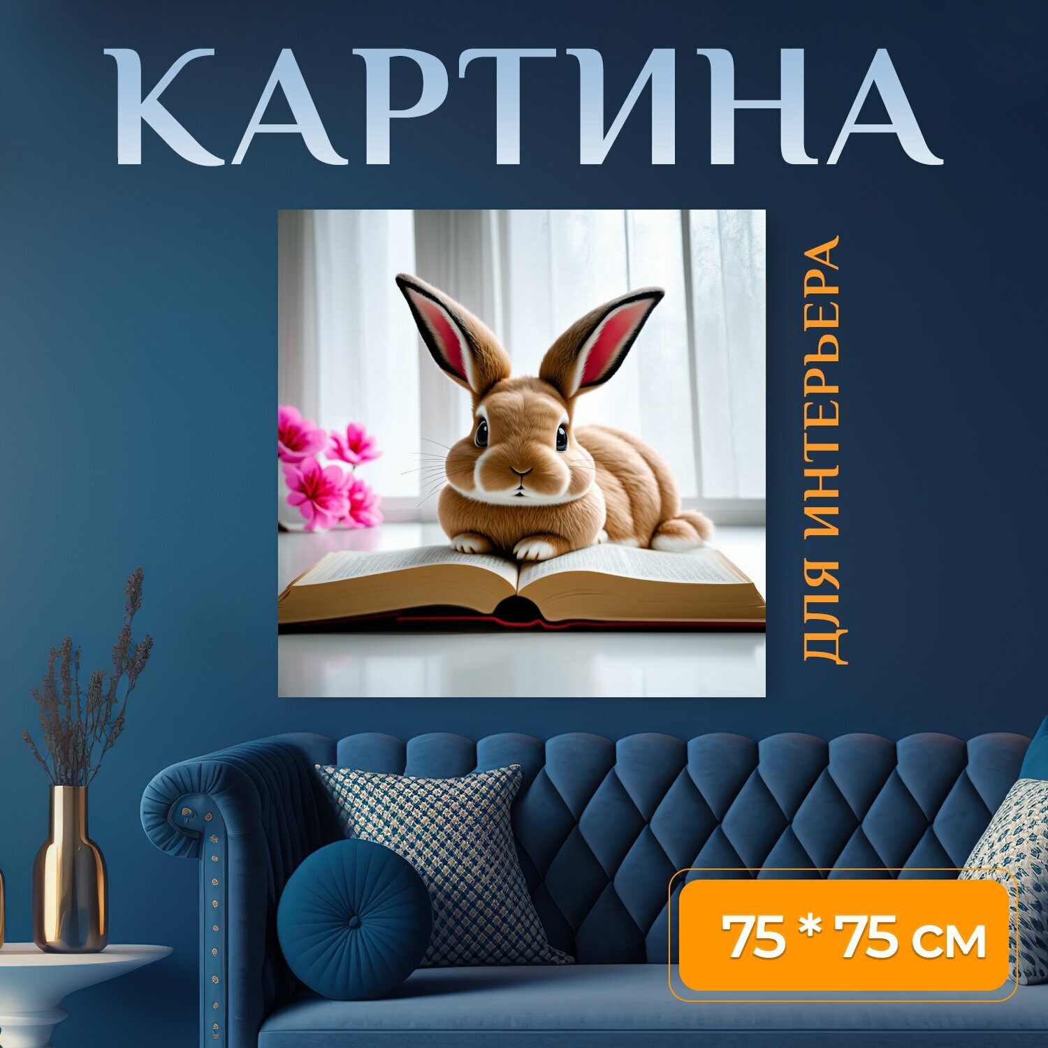 Картина на холсте "Милый кролик с длинными ушами лежит на открытой книге, на фоне окна с прозрачными шторами, рядом розовые цветы" на подрамнике 75х75 см. для интерьера