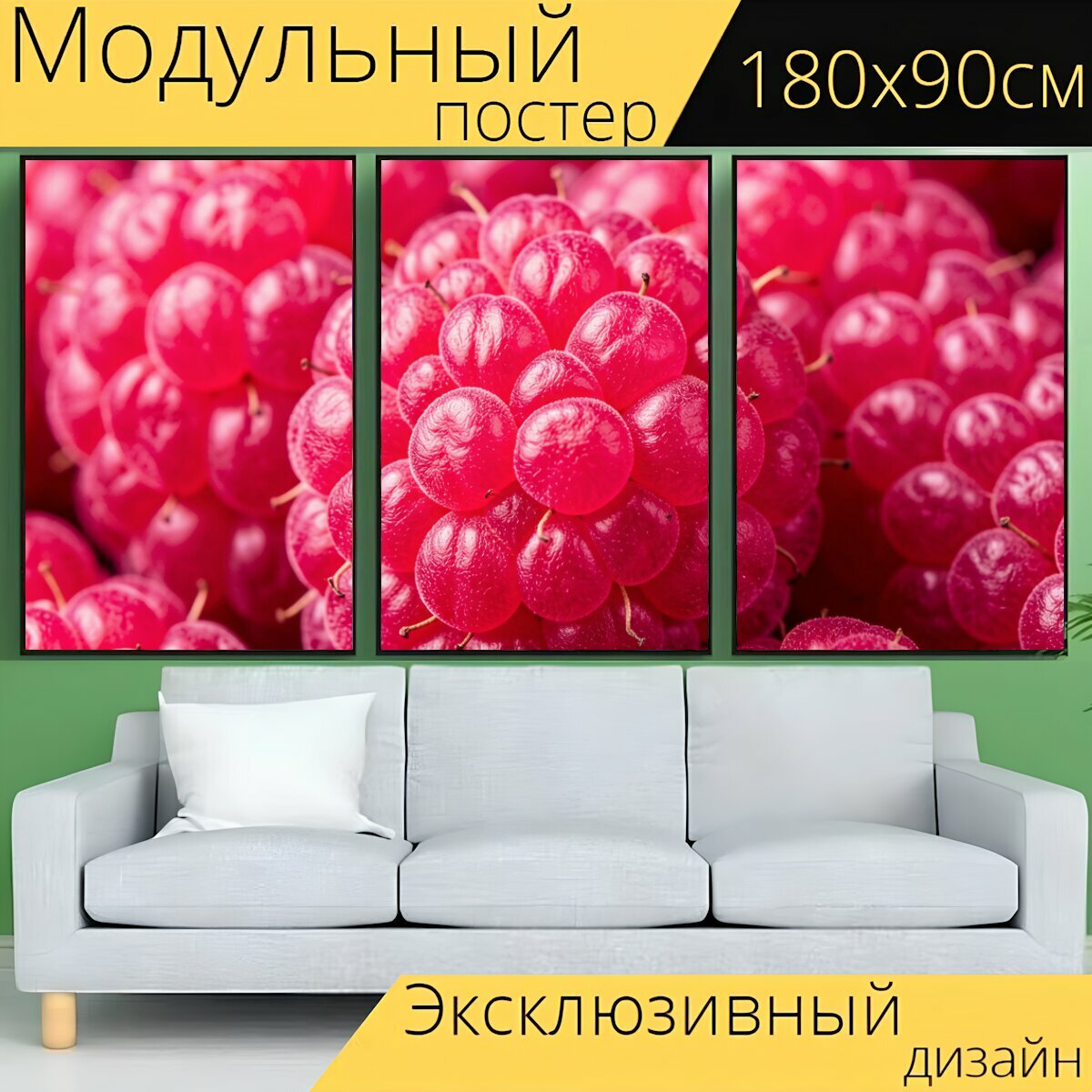 Модульный постер "Яркие розовые ягоды крупным планом. Макросъемка сочных фуксиевых ягод с блестящей фактурой, плотные гроздья на." 180 x 90 см. для интерьера на стену в тубусе