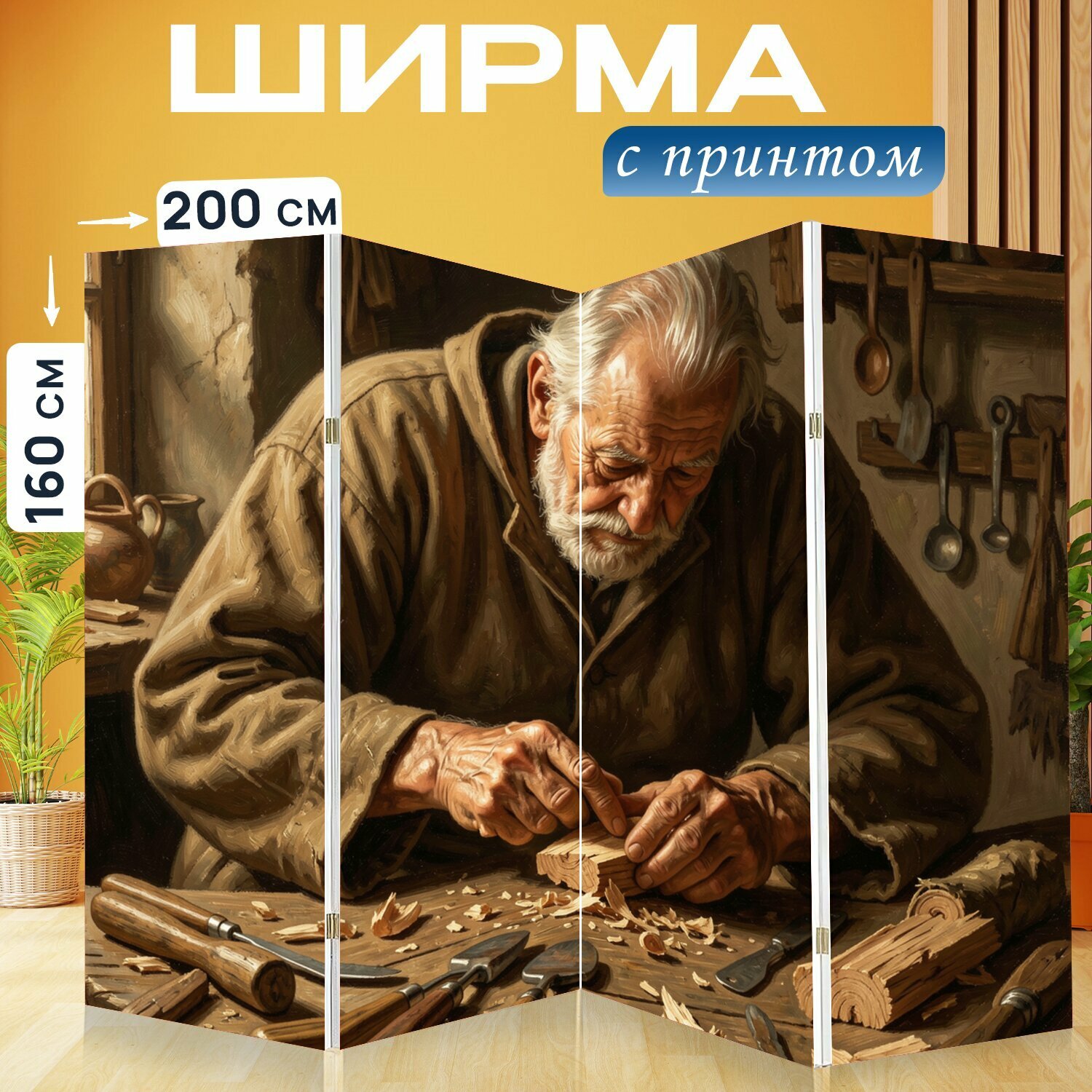 Ширма "Старый мастер за резьбой по дереву. Пожилой ремесленник сосредоточенно вырезает деревянную заготовку в." перегородка для зонирования комнаты с принтом 200x160 см. на холсте