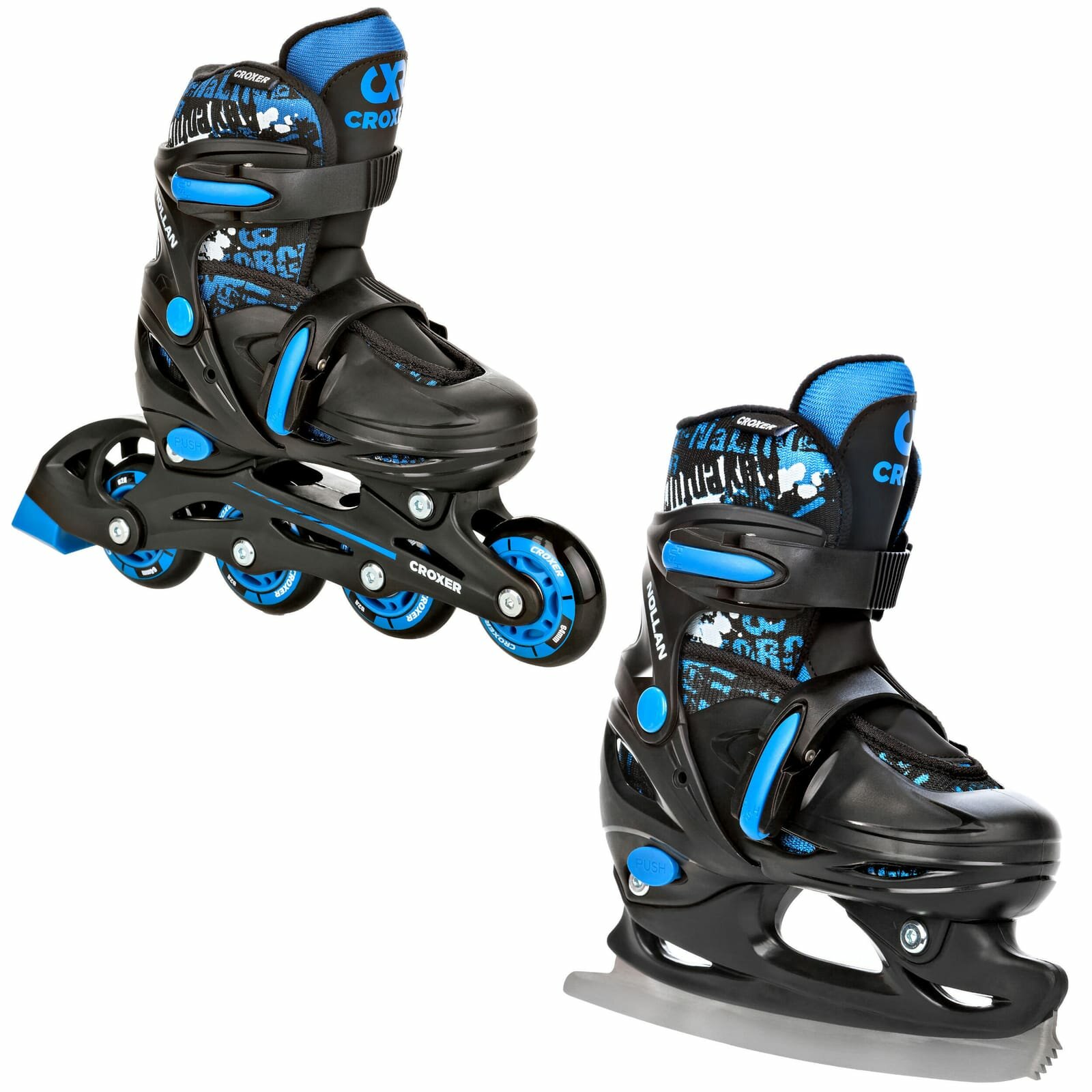 DECATHLON ролики коньки фигурные 2в1 Croxer Nollan, черный/синий, размер 30/33, регулируемые, колесо LED