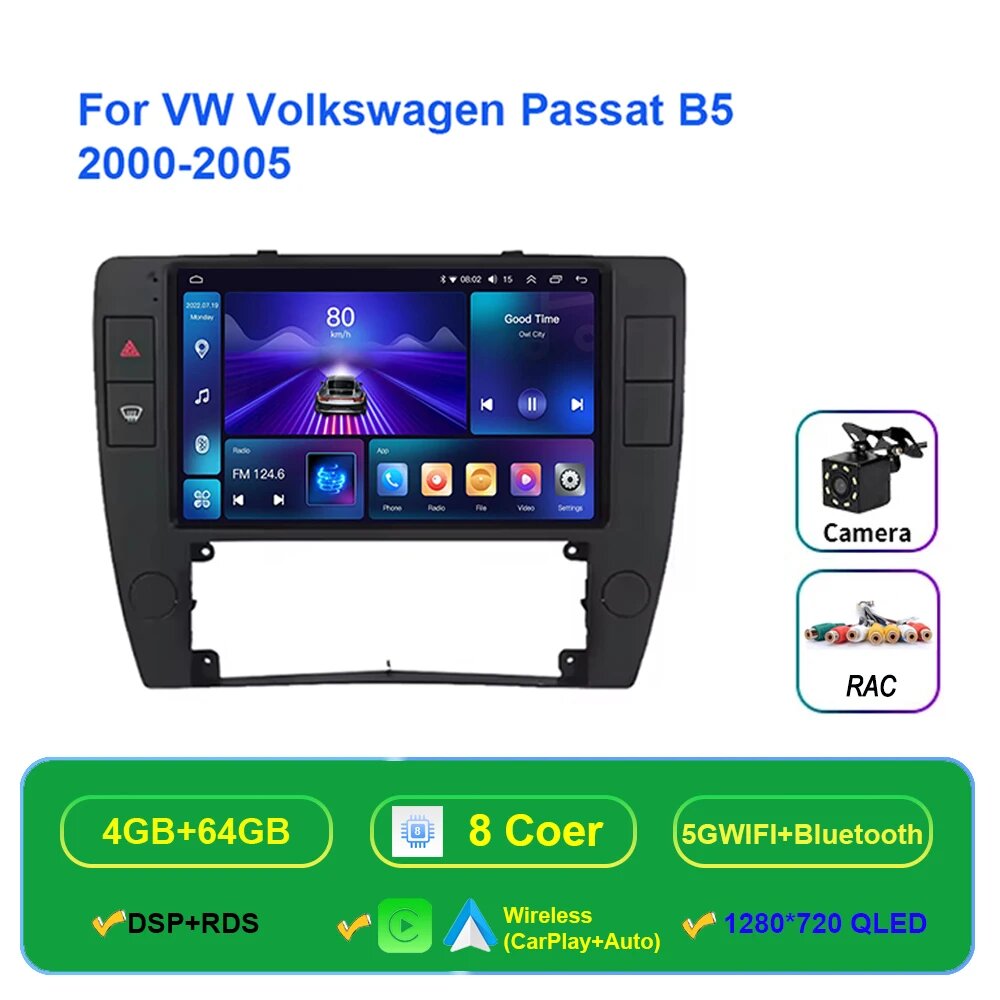 Для VW Volkswagen Passat B5 2000-2005: Автомагнитола Android 17 с беспроводным CarPlay, 4G, 4G-64G C