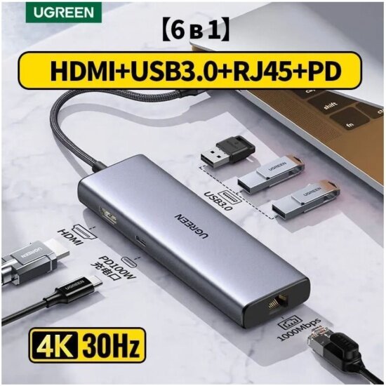 Эксклюзивный концентратор Ugreen серого цвета 15598 с конвертером PD, тремя портами USB 3.0 A, HDMI и разъемом RJ45