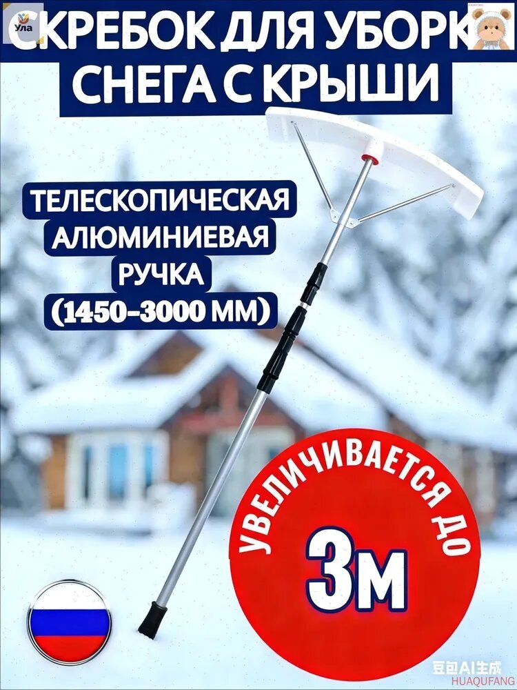 Скрепер для уборки снега с телескопической ручкой 1450-3000 мм, ширина 79 см
