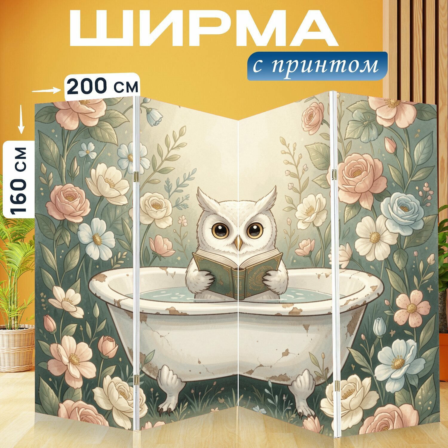 Ширма "Сова с книгой в цветочном саду. Милая сказочная иллюстрация: белая сова читает среди нежных роз." перегородка для зонирования комнаты с принтом 200x160 см. на холсте