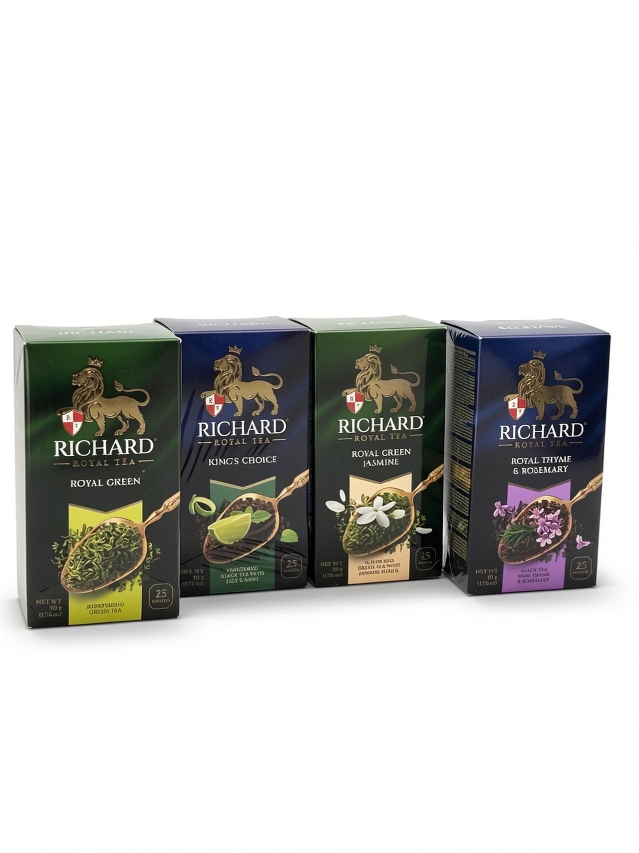 Чай в пакетиках зеленый, черный Richard Royal Green/Jasmine/King's Tea/Thyme and Rosemary, 4 шт по 25 пакетиков