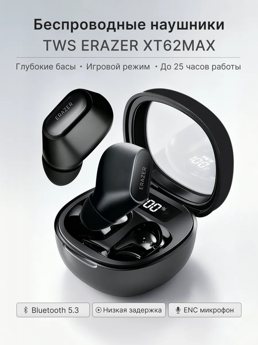 Наушники Erazer XT62MAX, накладные, беспроводные, время работы 3 ч, с зарядкой от USB Type-C