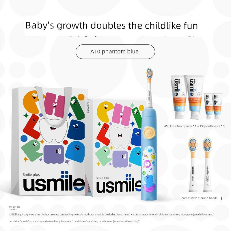 Usmile A10 детская электрическая зубная щетка с 2 зубными пастами, небесно-голубой цвет, для детей 3-12 лет