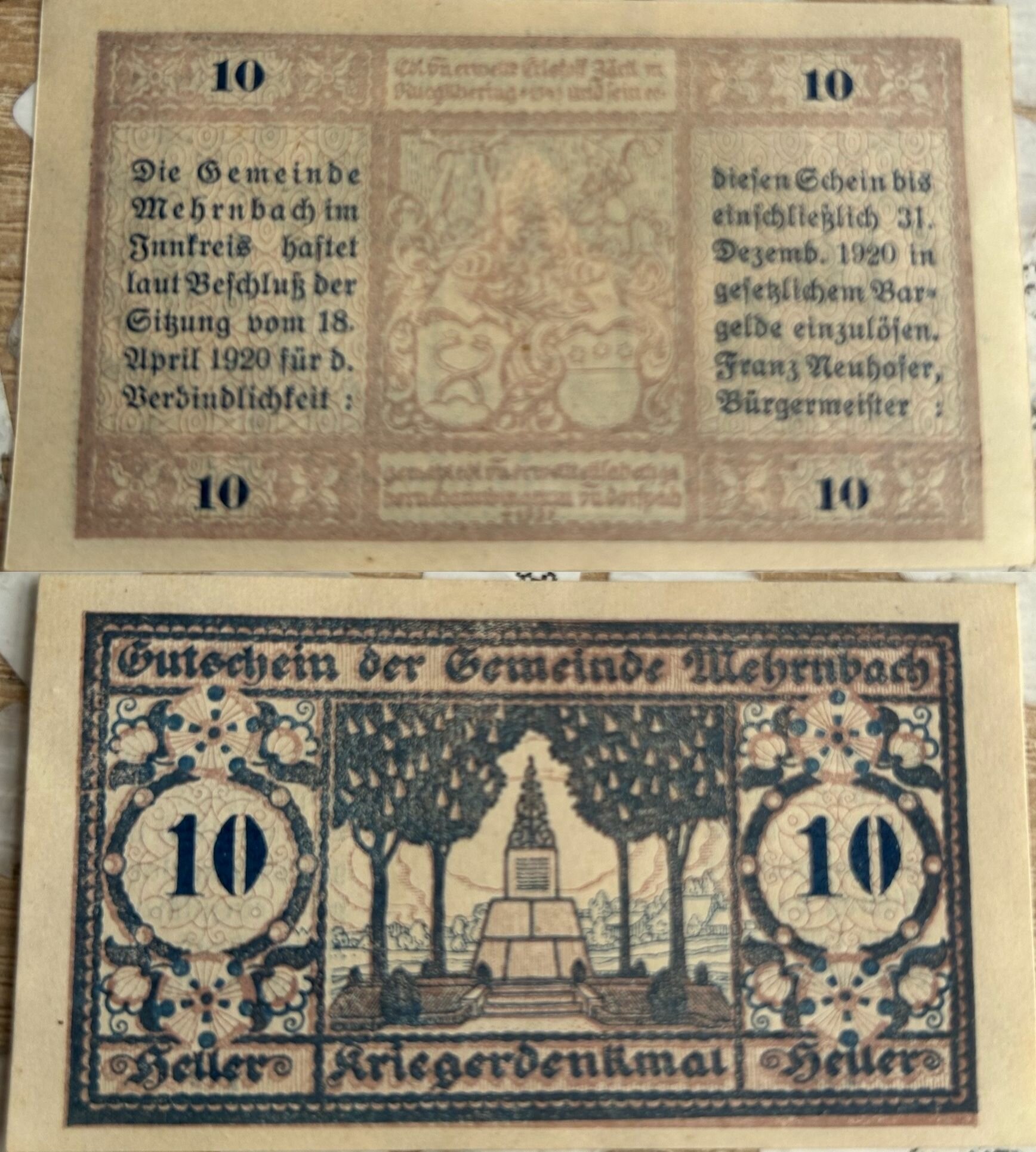 Австрия 10 геллеров 1920 Мернбах aUNC
