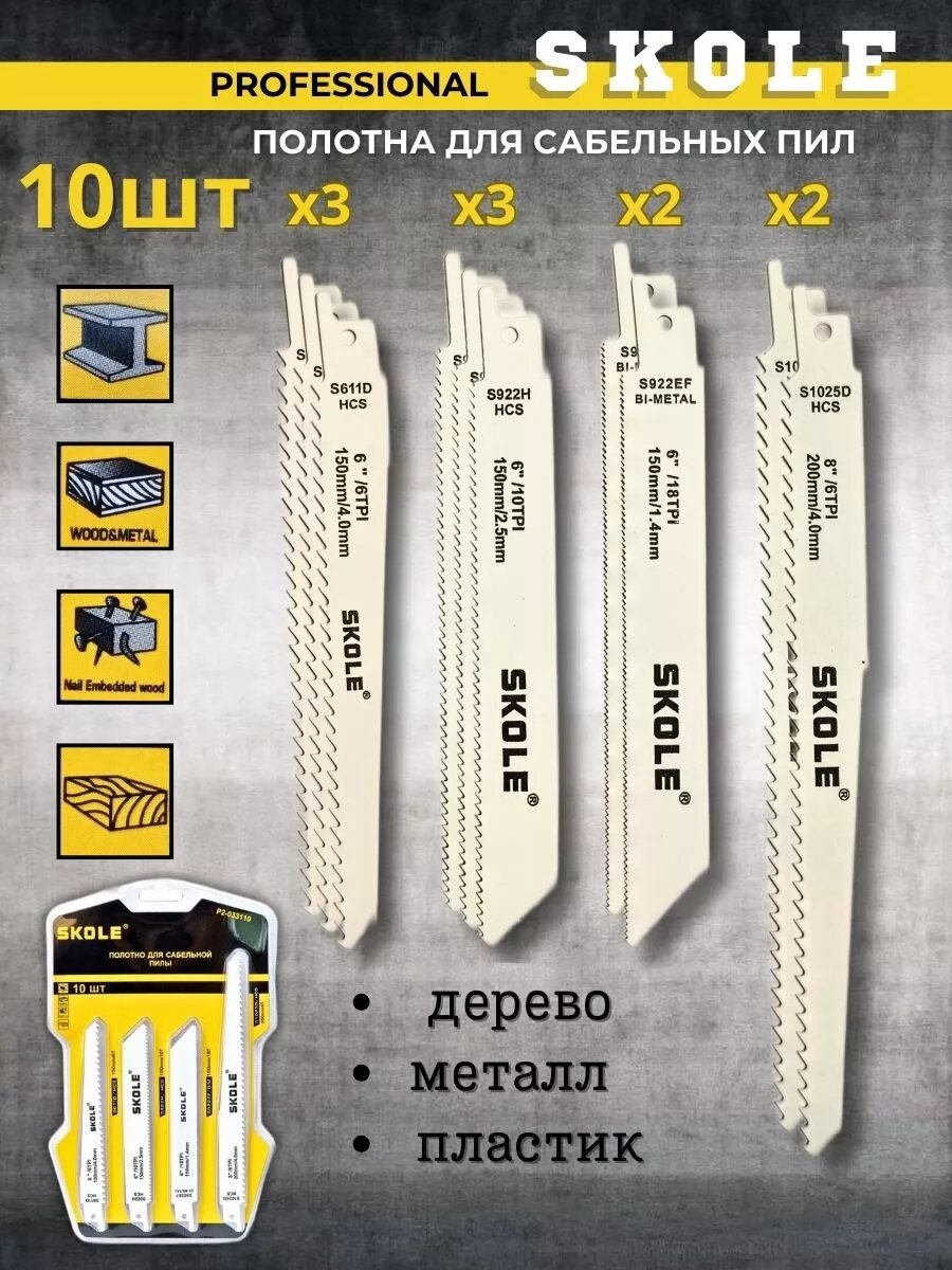 Набор пильных полотен SKOLE, для сабельной пилы, длина 200 и 150мм, 10 шт.